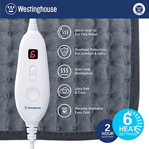 Westinghouse Electric Heating Pad for Back Pain Relief, Heated Neck Shoulder Wrap with 6 Heat Settings, 2-Hour Auto Shut-Off, Machine Washable, Extra Large 12x24 Inches (Grey)