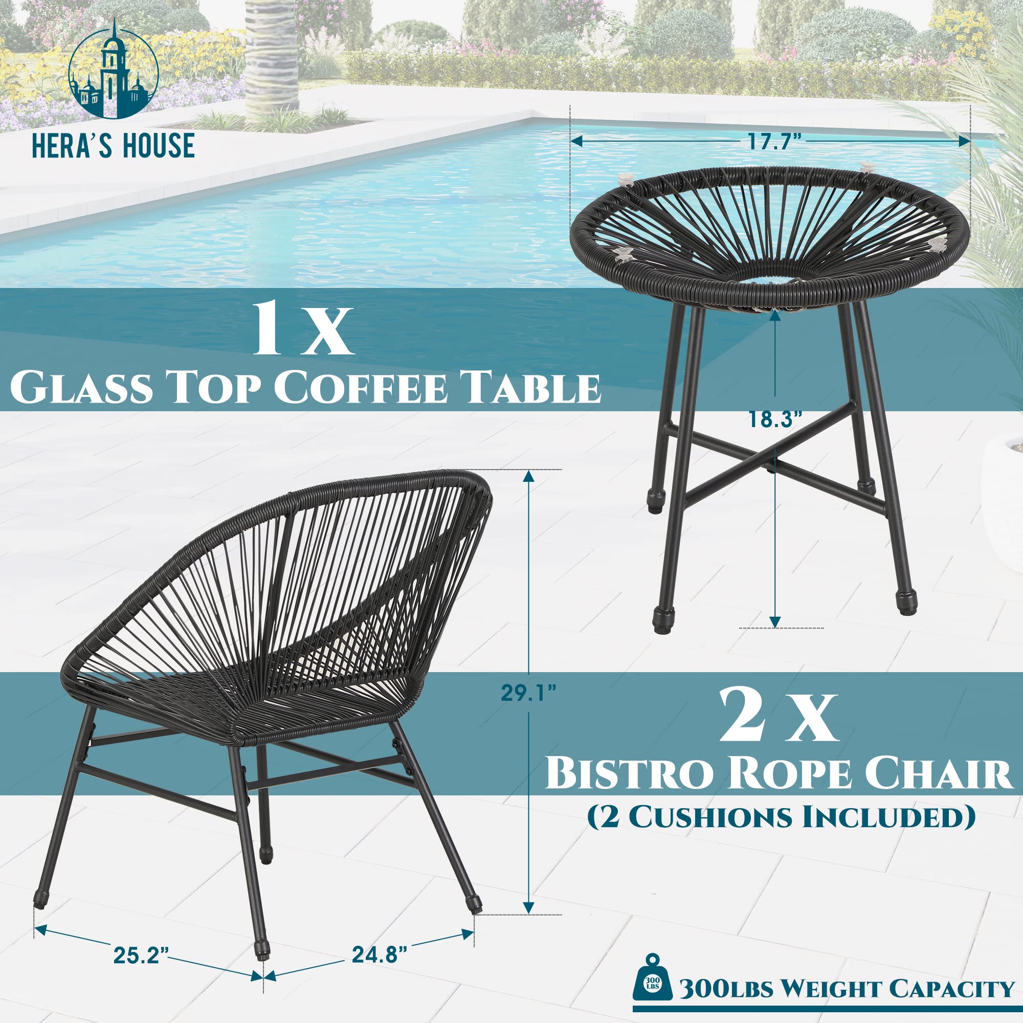 HERA'S HOUSE 3-Piece Patio Furniture Bistro Set, Outdoor Wicker Conversation Set w/ 2 Handwoven Cushioned Chairs, Side Coffee Table for Backyard Lawn Porch Poolside Balcony