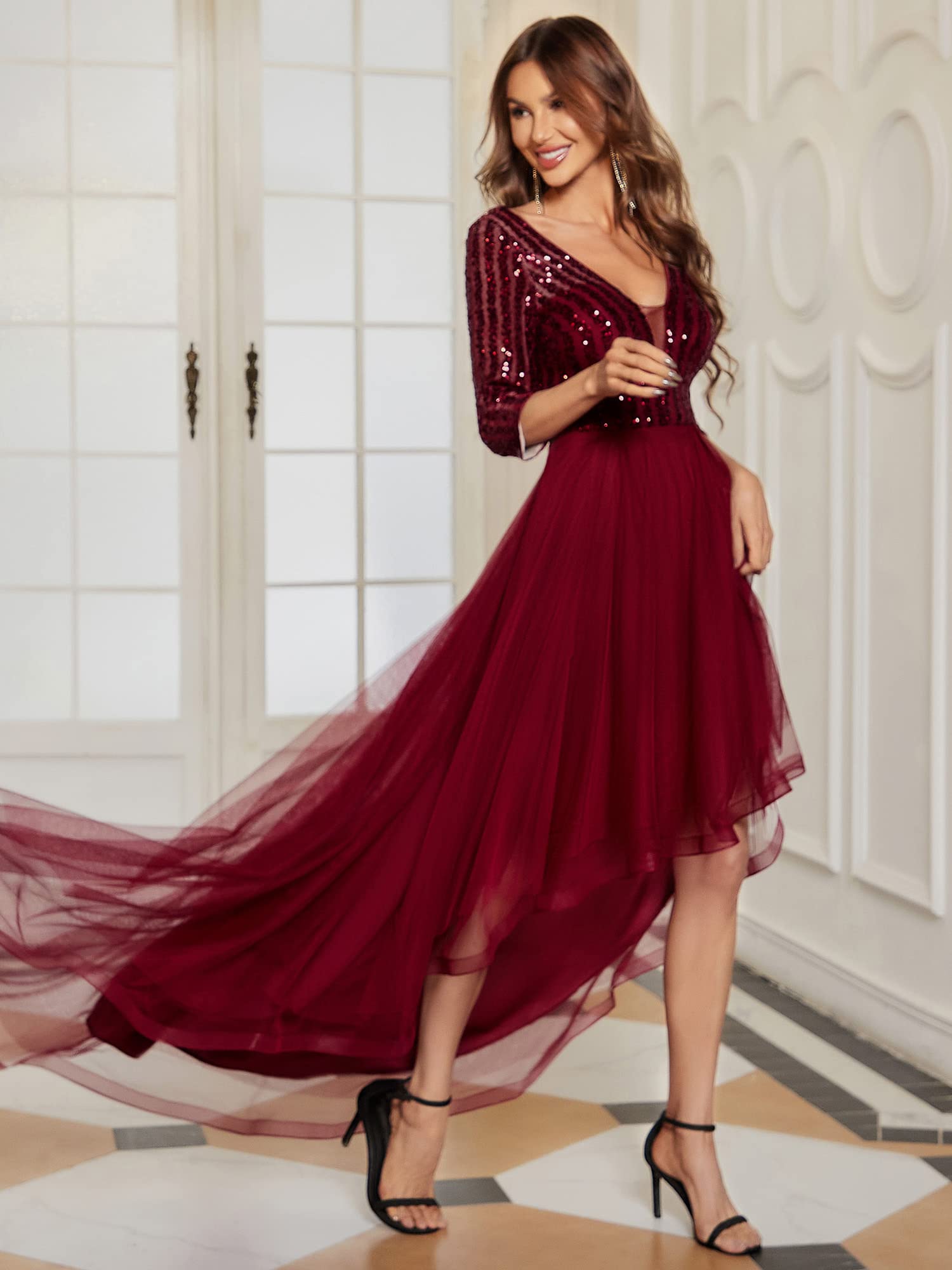 Ever-Pretty Women's High Low A-Line Sequin 3/4 Sleeve Tulle Evening Party Dress Burgundy US4