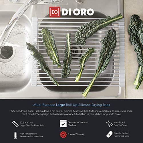 Roll Up Dish Drying Rack - Large Silicone Dish Drying Rack Over The Sink Kitchen (20.5" x 13") - Foldable Farmhouse Sink Drying Rack - Heavy- Duty Stainless Steel Core - Dishwasher Safe by DI ORO