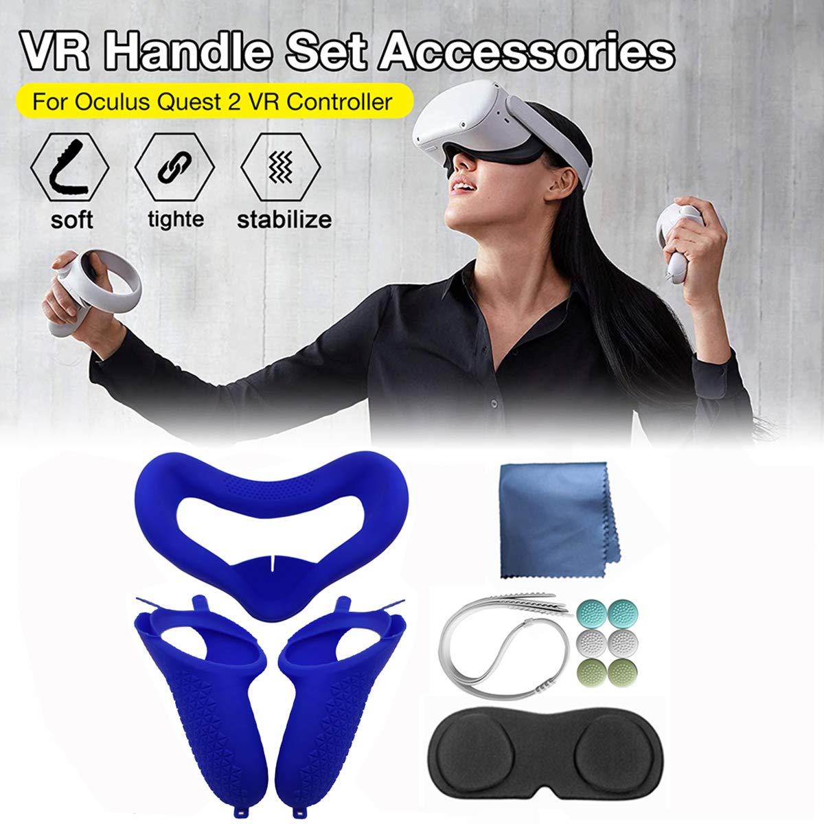 for Oculus Quest 2 Accessories, VR Silicone Touch Controller Grip Cover & Face Cover for Quest 2, Protective Lens Cover, Sweatproof Protective Sleeve Kit with Adjustable Wrist Knuckle Strap (Blue)