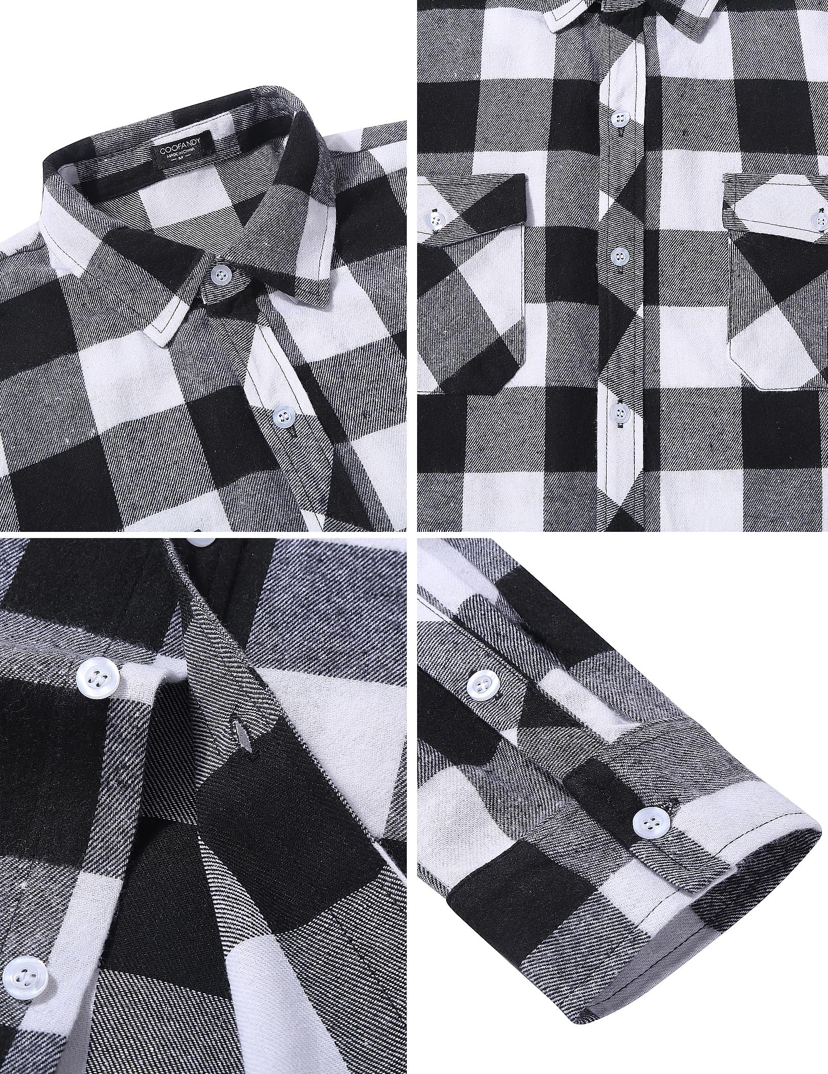 COOFANDY Men's Casual Shirt Long Sleeve Buffalo Plaid Checkered Flannel Shirts Black White