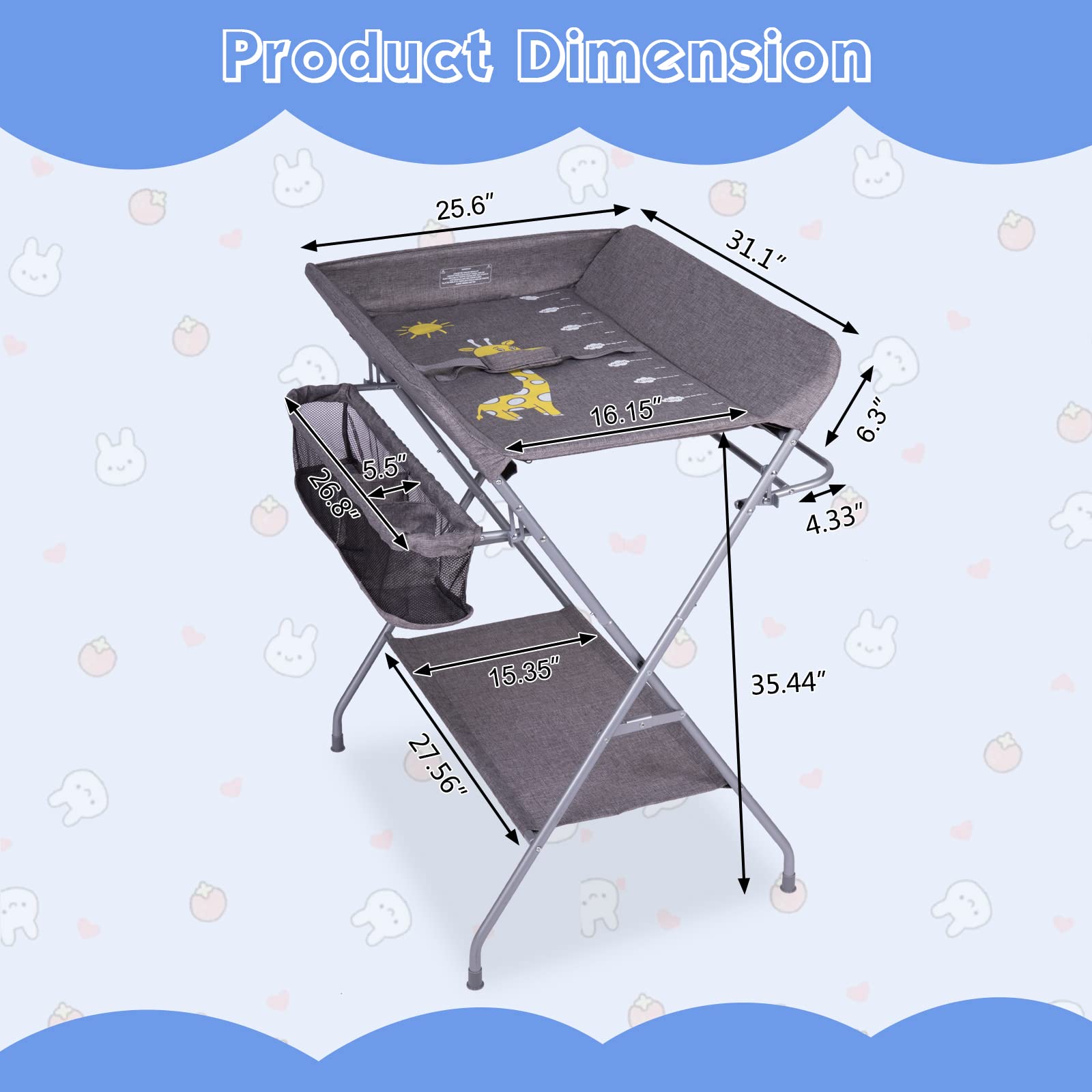 Infant Portable Changing Table - Diaper Station Nursery Organizer with Safe Belt Storage Space, Nursery Furniture Baby Changing Station, Grey