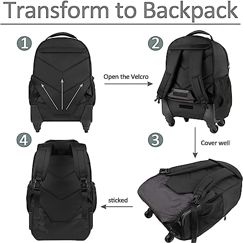 Roller Backpack, 18 inch Large Travel Laptop Bag with 4 Wheels for Adults, Heavy Duty Wheeled Suitcase Luggage Pack for Work Business, Rolling Spinner Computer Rucksack for Women Men Nursing, Black