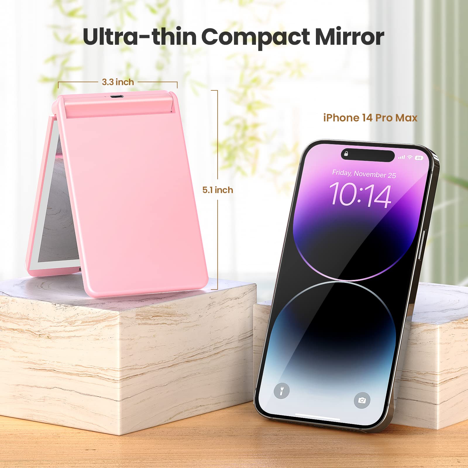 Gospire Standing LED Travel Makeup Mirror with Lights and Magnification 1X/3X, Rechargeable Compact Mirror with Adjustable Brightness, Foldable Small Vanity Mirror Handheld for Purses – Pink