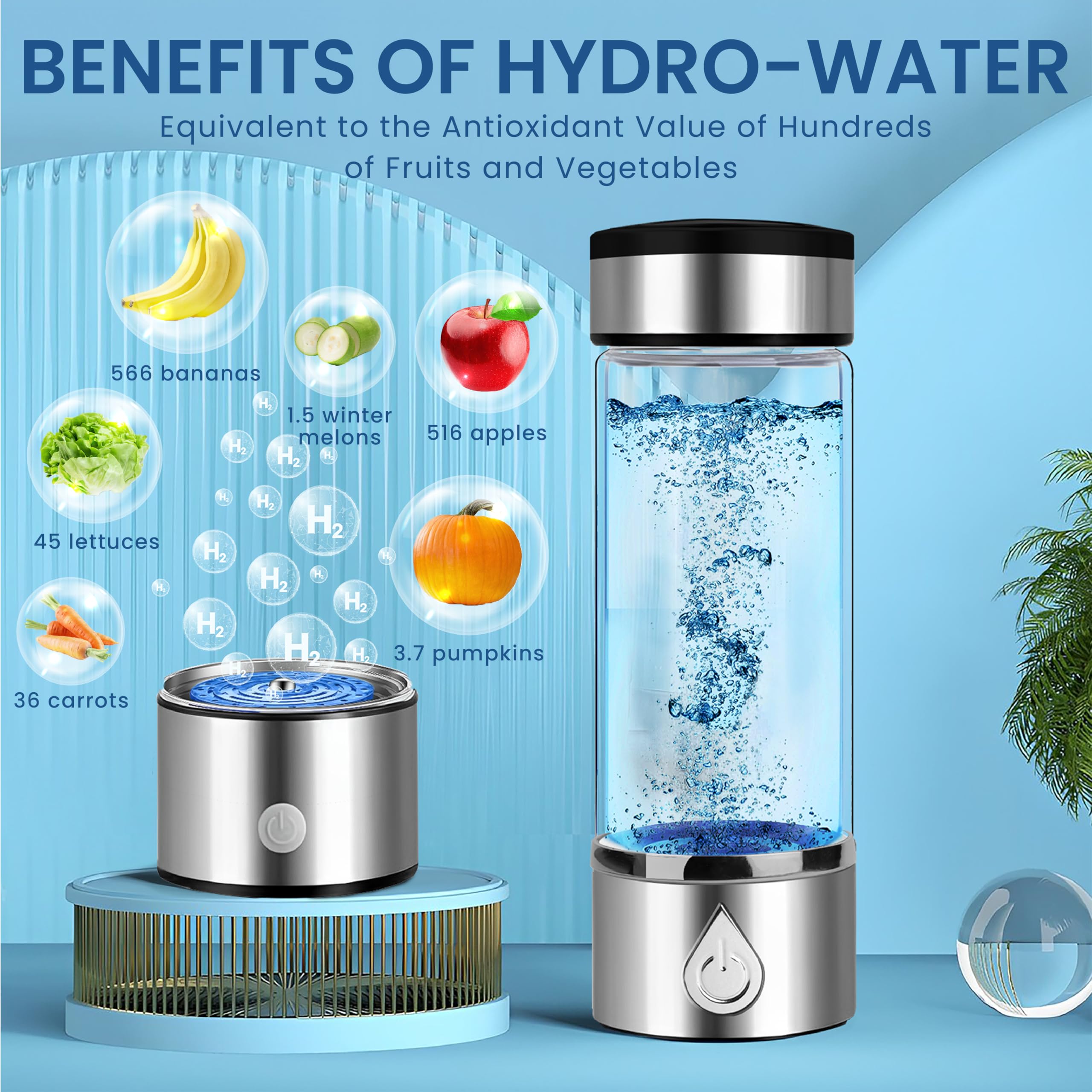 Hydrogen Water Bottle, Hydrogen Water Generator Bottle - Hydrohealth Hydrogen Water Ionizer Machine for Home, Gym, Travel, Office, 450ml