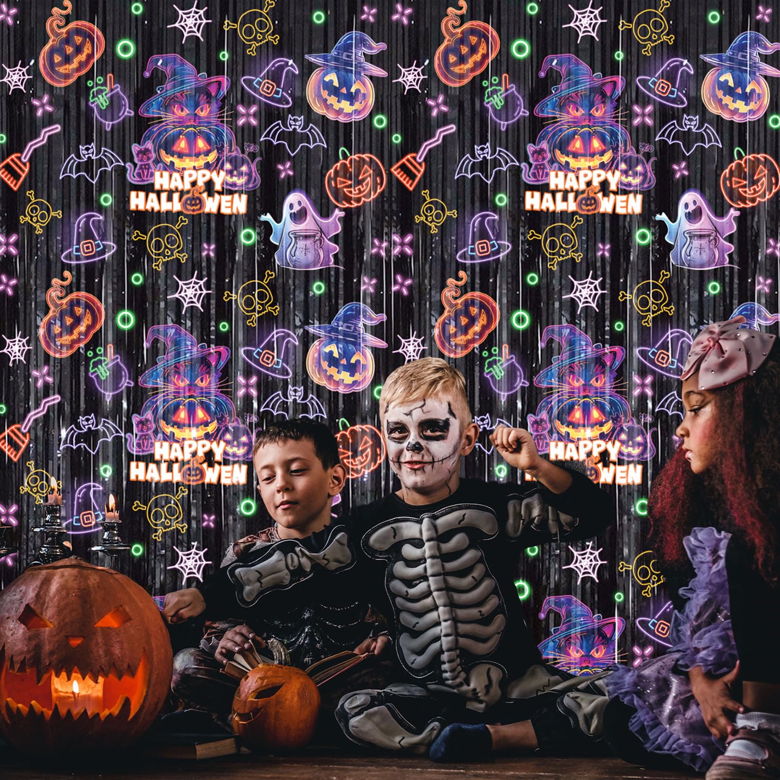 HOWAF 2 Packs Neon Halloween Ghost Fluorescence Foil Fringe Curtains Decoration 3.2 * 6.5ft Halloween Horror Night Glow UV Neon Pumpkin Bats Foil Fringe Photo Booth Backdrop Streamer Tinsel Curtains