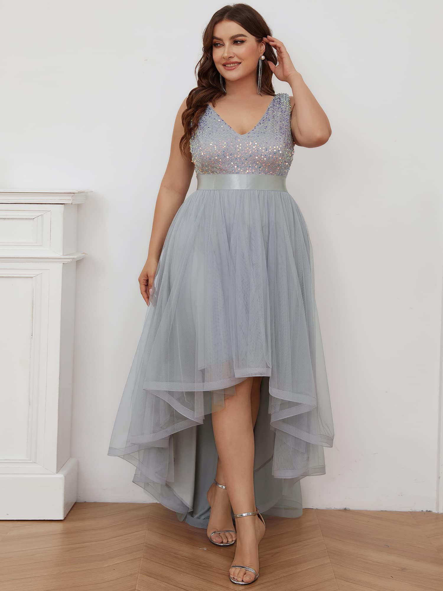 Ever-Pretty Womens Double V Neck A Line High Low Sequin Tulle Plus Size Formal Dresses for Curvy Women Silver US16