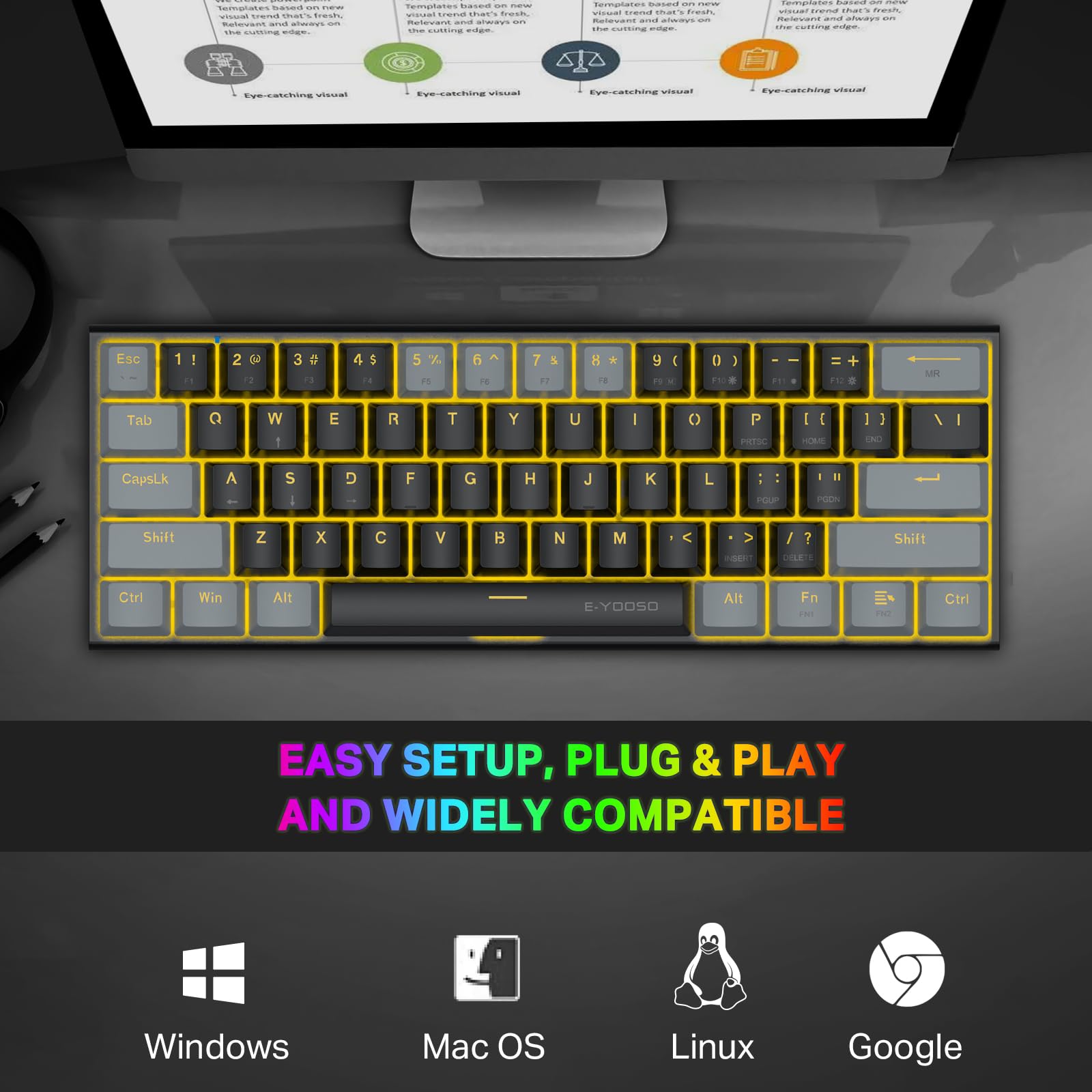E-YOOSO 60% Mechanical Keyboard, Red Switches Mechanical Gaming Keyboard Wired with LED Backlit, Ultra-Compact 60 Percent Computer Keyboard for Windows, Mac OS (Grey Black)