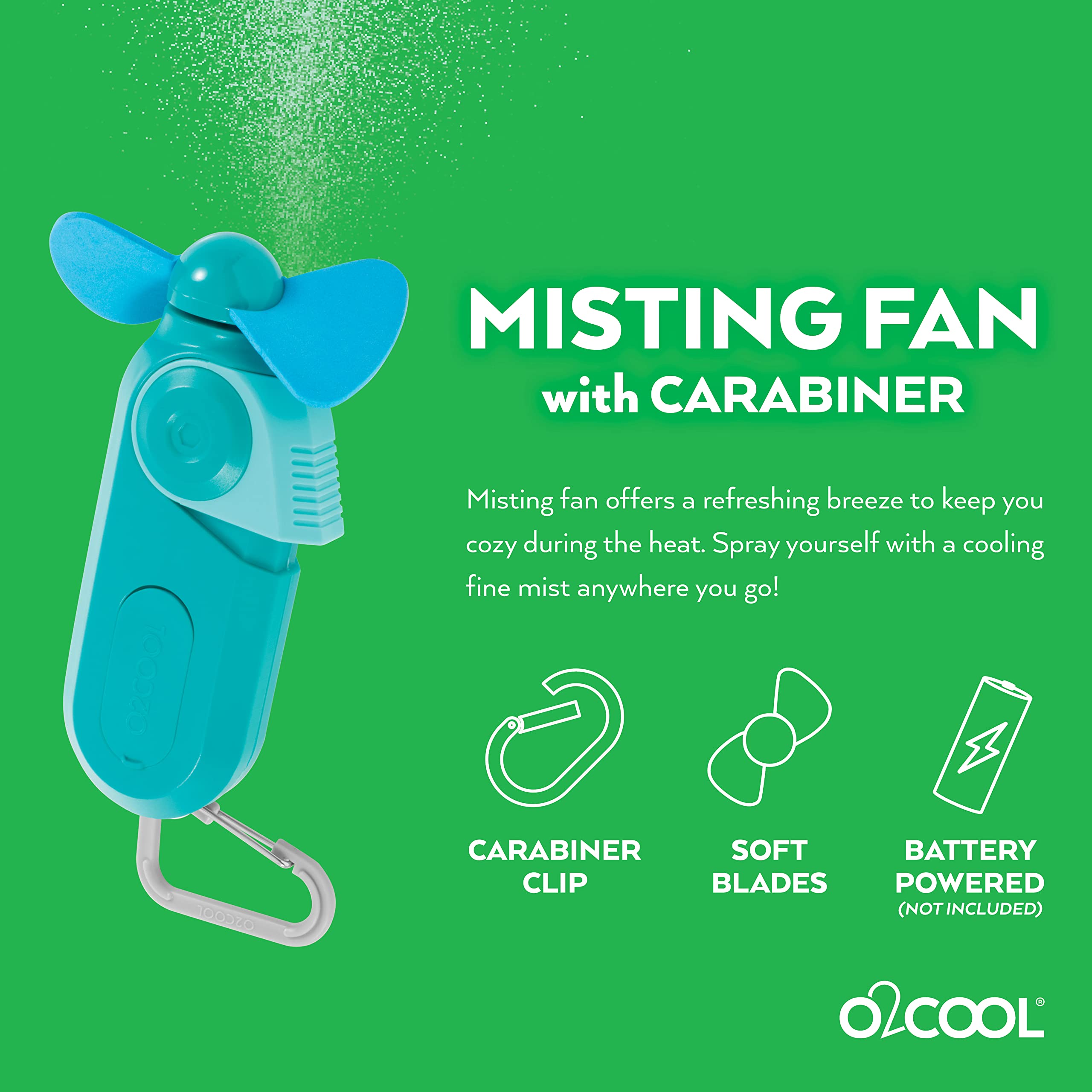 O2COOL Keychain Sport Misting Fan - Pocket Size Battery Powered Portable Fan With Carabiner Clip Small Fan with Mister Handheld Fan Vacation Essentials Hand Fan 2 Pack (Teal)