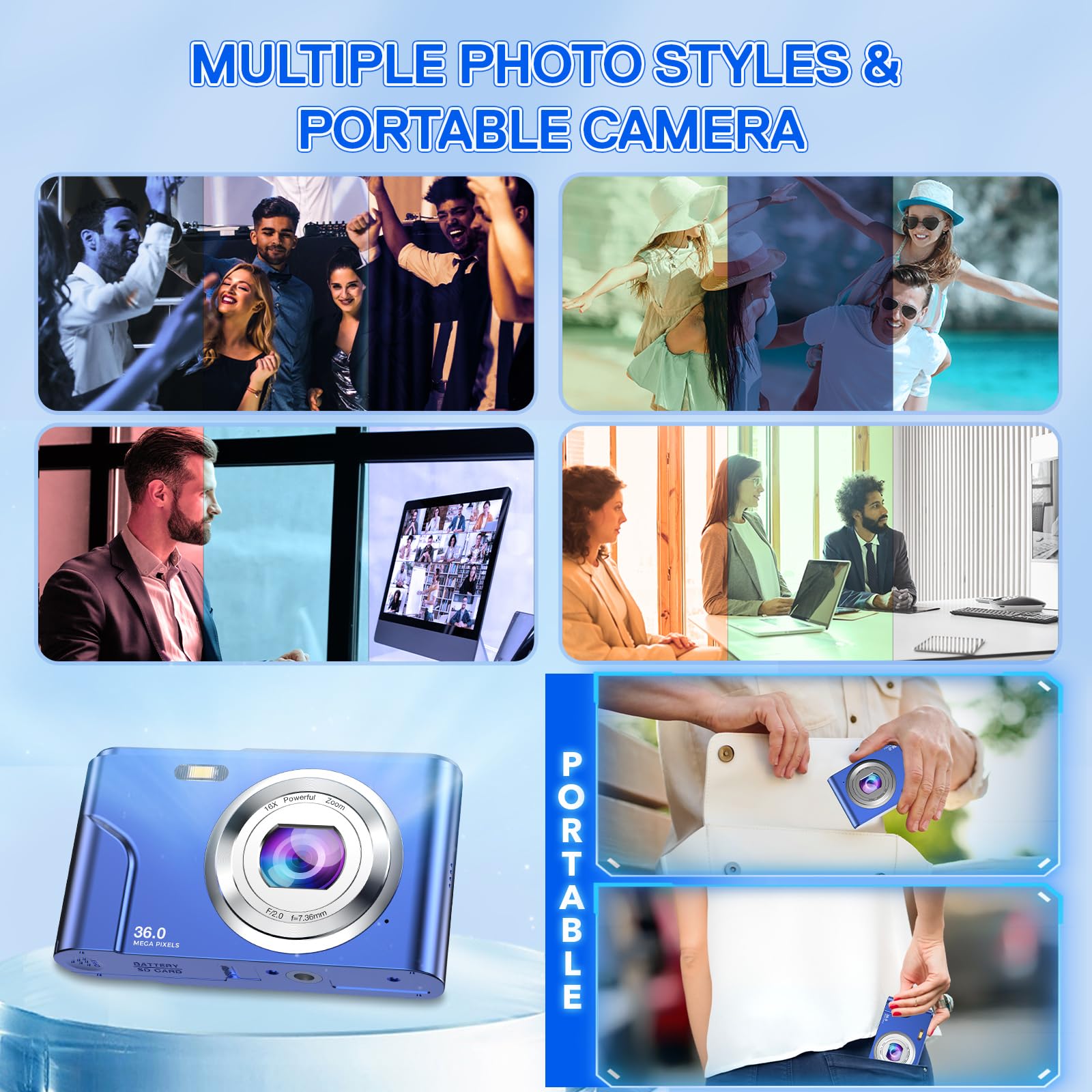 Digital Camera, Bofypoo FHD 1080P 36MP Kids Vlogging Camera with 32GB Card, 16X Zoom Point and Shoot Digital Camera, Portable Mini Camera Compact Camera for Teens,Beginners