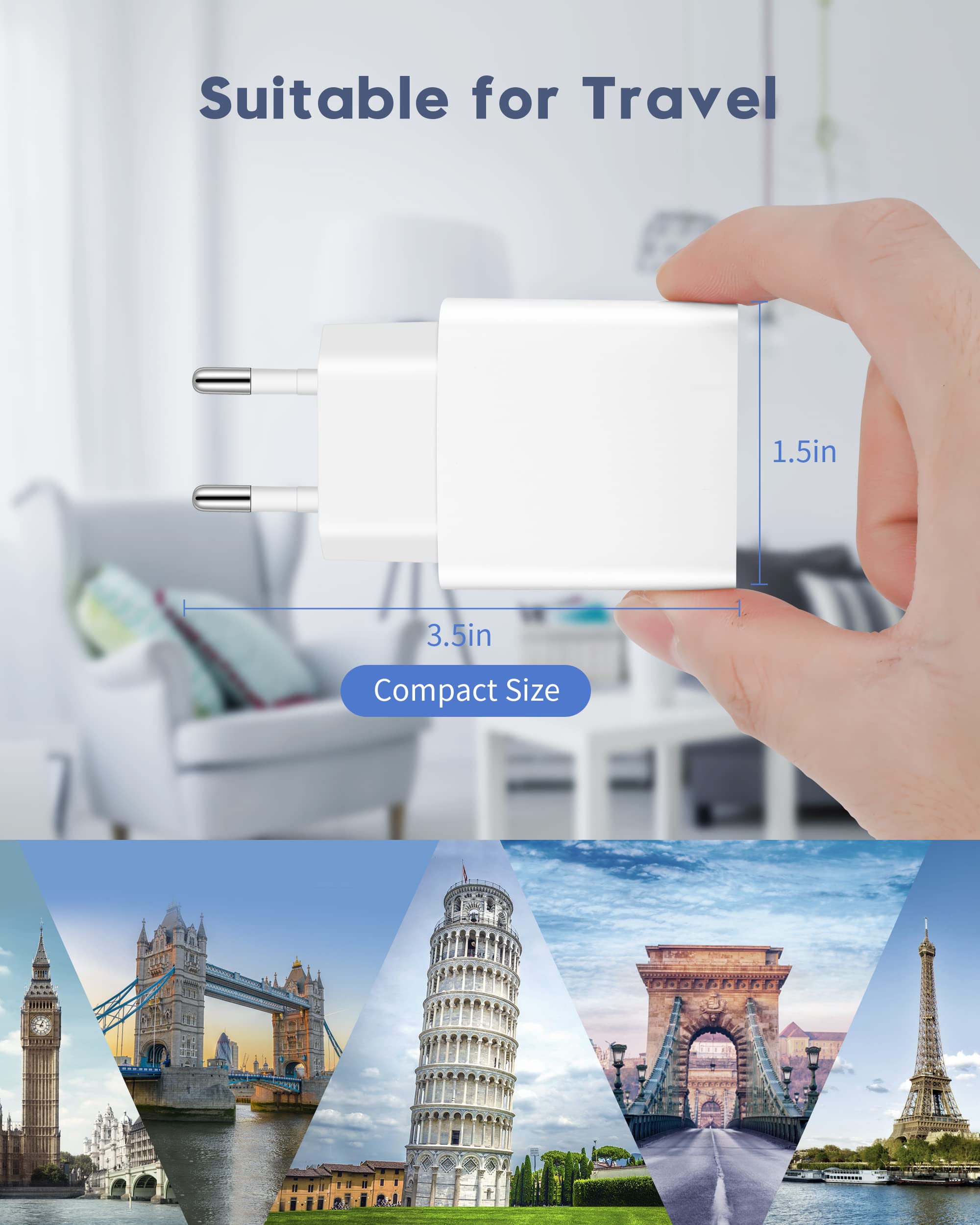 European Travel Plug Adapter, 20W iPhone Fast Charger USB C Wall Charger Block Plug with 10FT Charging Cable for iPhone 14/13/12/11 Pro Max/XS/XR/X/8, iPad, Europe EU Power Plug Type C Adaptor Charger