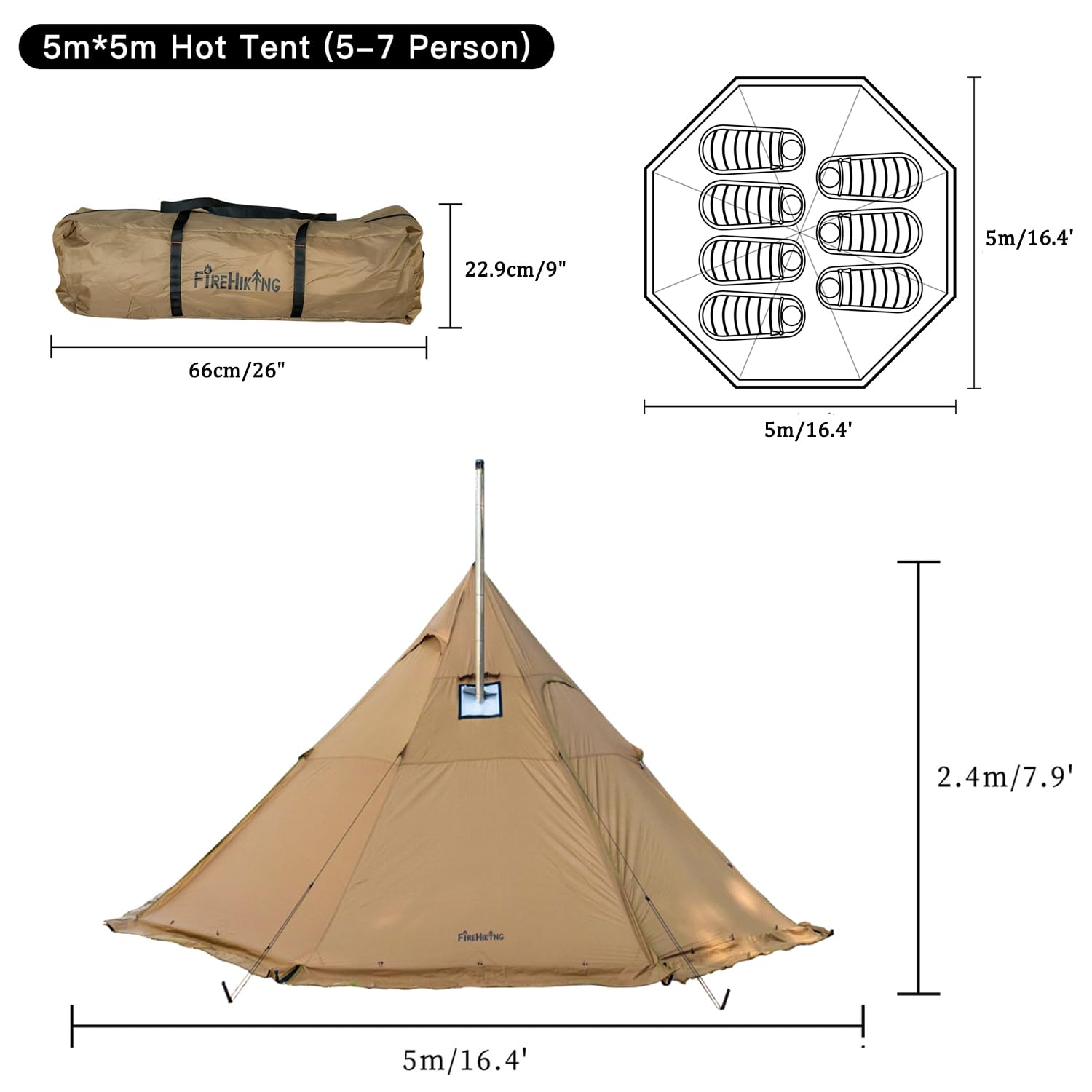 FireHiking 4-8 Person Camping Hot Tent with Stove Pipe Wrap for Bushcraft, Cooking and Heating
