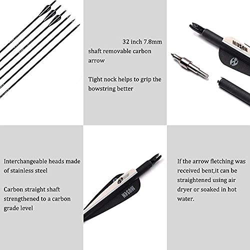 EROCK 28/30/32 Inch Carbon Archery Arrows, Spine 500 with Removable Tips, Hunting and Target Practice Arrows for Compound Bow and Recurve Bow (2 black 1 white-32 Inch, 6 Pack)
