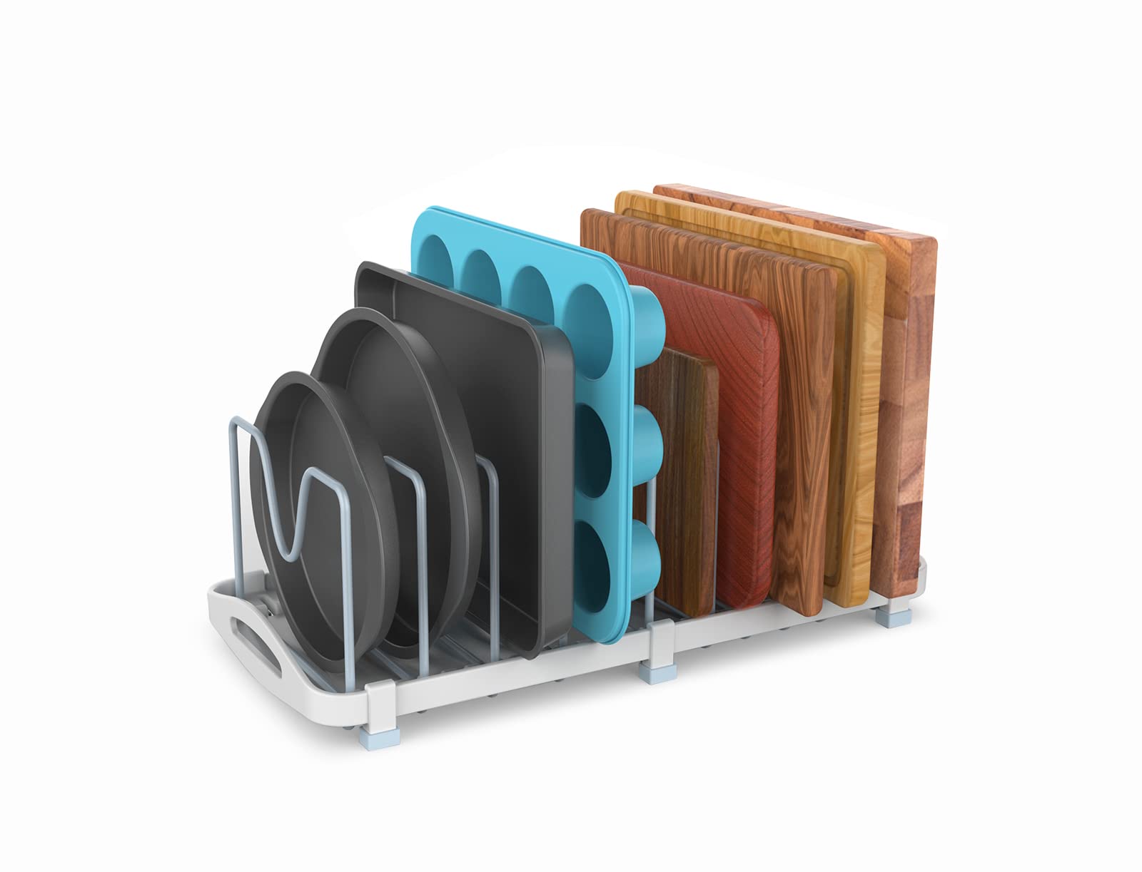 EVERIE Adjustable Bakeware Organizer Pot Lid Holder Rack for Pots, Cake Molds, Cutting Boards, Mats, Cookware, Large 7.7'' W x 16.1'' D x 6.3'' H