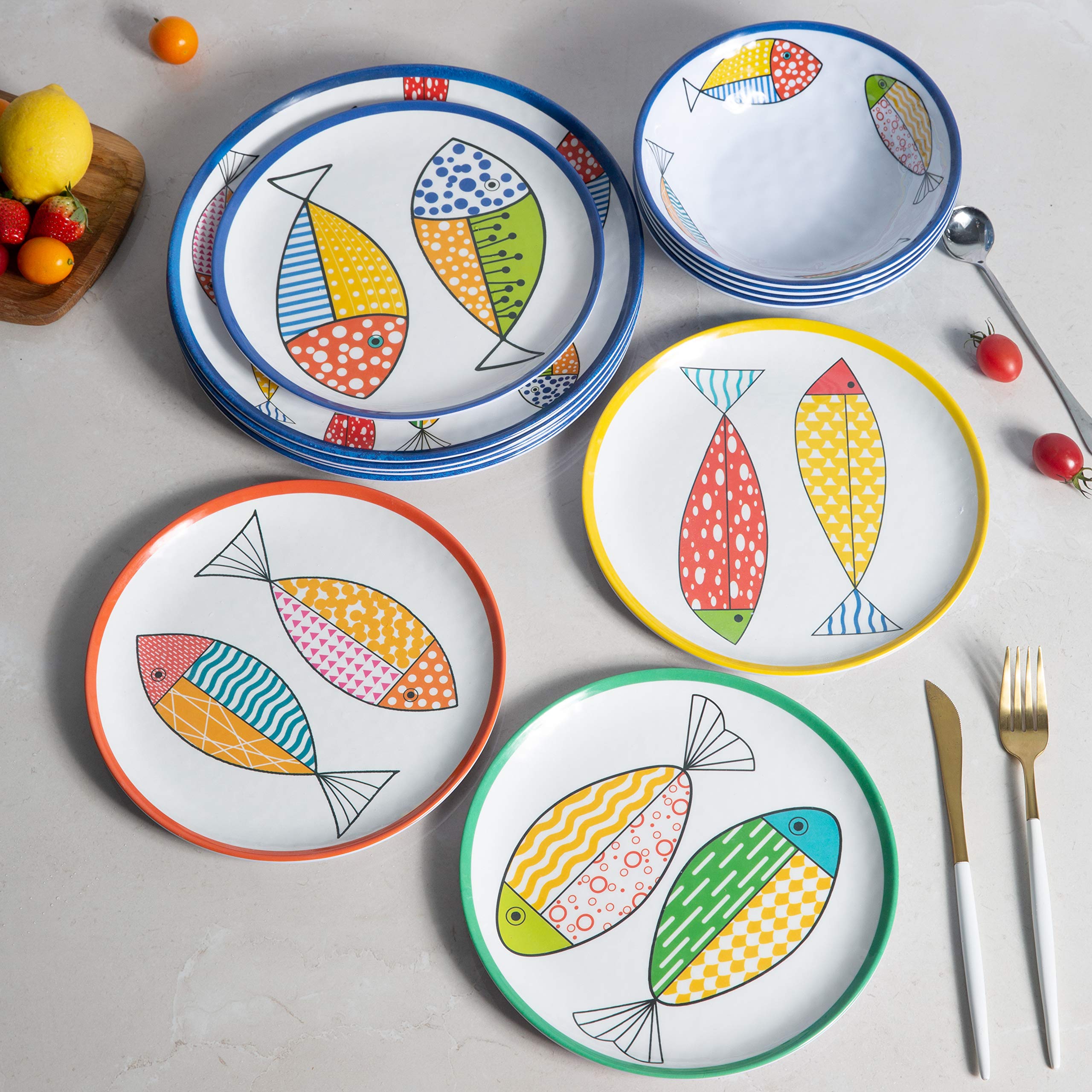 Gofunfun Melamine Dinnerware set for 4, Plates and Bowls Sets, Great for Camper, RV, Indoors Outdoors Use with Ocean Printed, Unbreakable