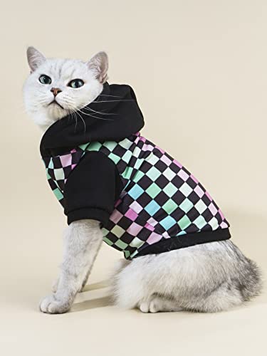 QWINEE Dog Hoodie Pet Clothes Checkered Cold Weather Clothes Winter Sweatshirt for Cat Puppy Small Medium Dogs Kitten Multicolor L