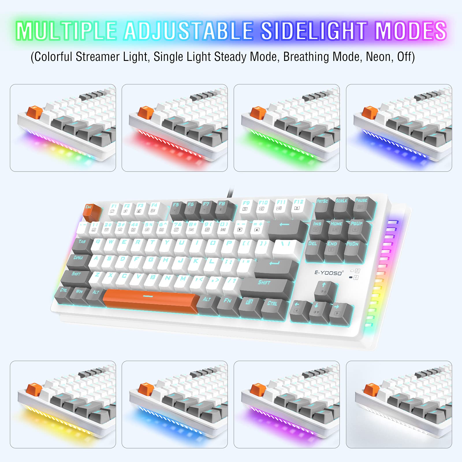 E-YOOSO Mechanical Gaming Keyboard, Wired 75% Mechanical Keyboard with Red Switches, 87 Keys Gaming Keyboard with Solid Color Backlit & RGB LED Sidelight for Windows Mac PC Gaming