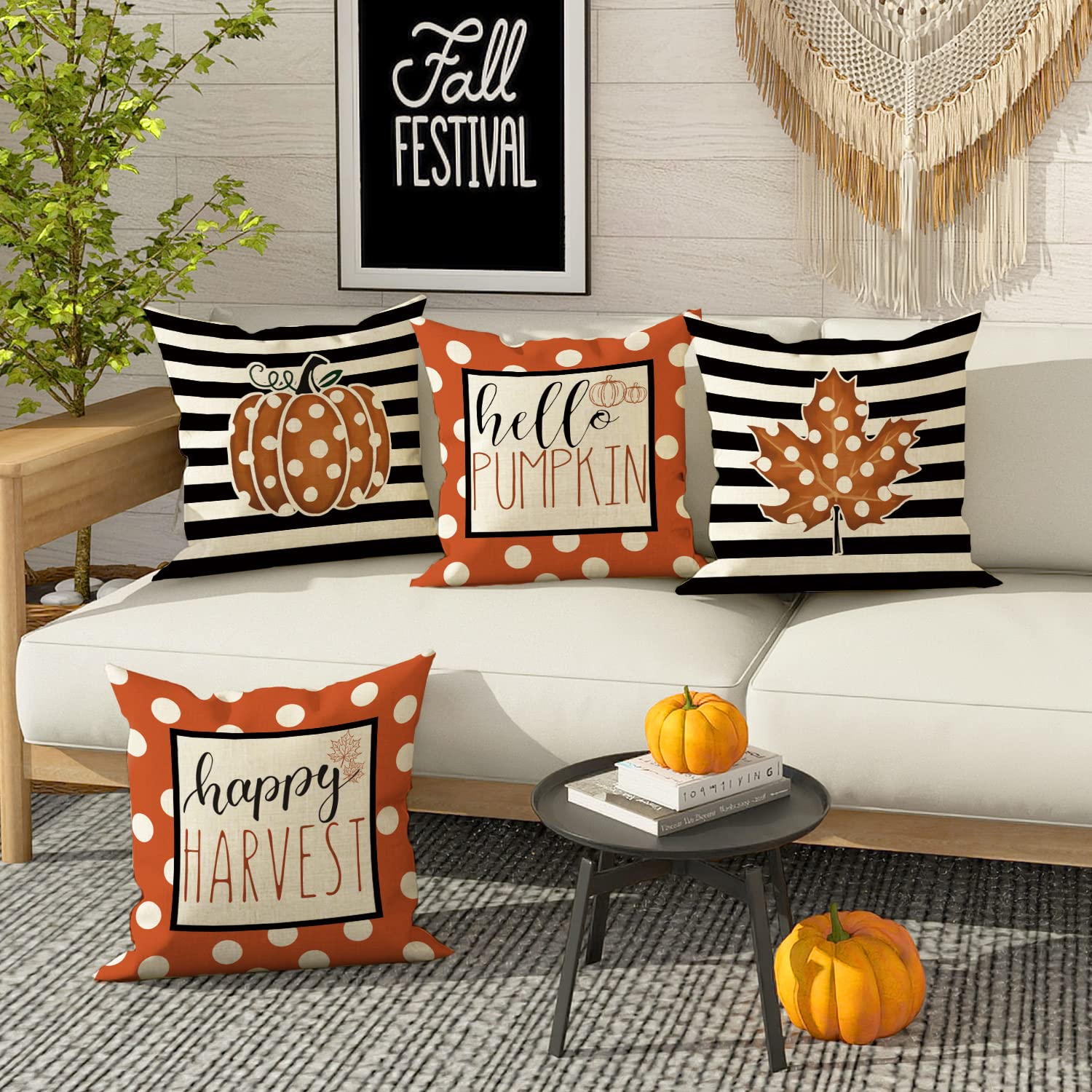 DESIHOM Thanksgiving Fall Throw Pillow Covers 18x18 Inch Set of 4 Fall Decorations for Home Hello Pumpkin Buffalo Plaid Autumn Throw Pillow Covers