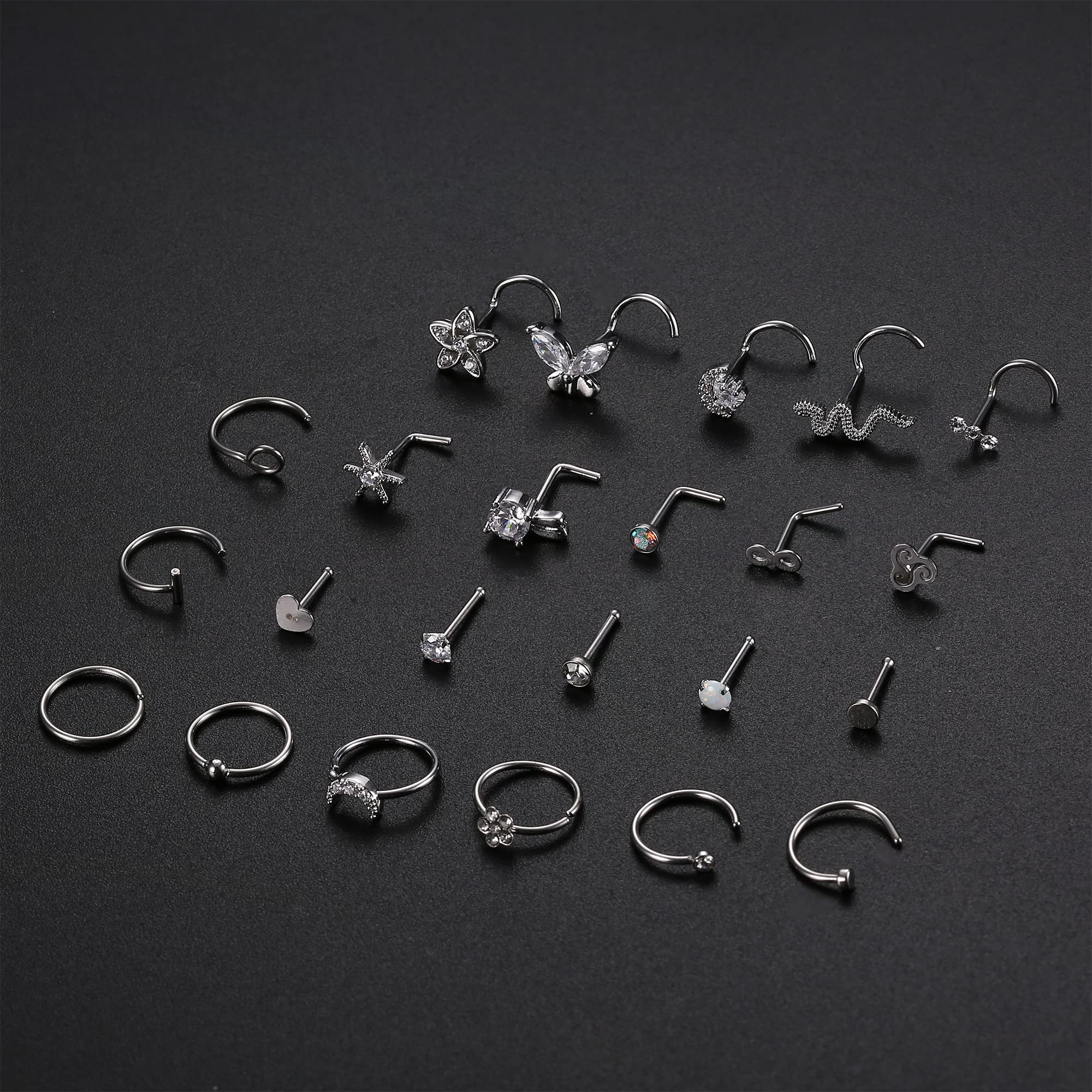 FIBO STEEL Nose Rings 20G Nose Rings Hoops Studs for Women Surgical Steel Nose Piercings Set L Bone Screws Shaped Silver-tone