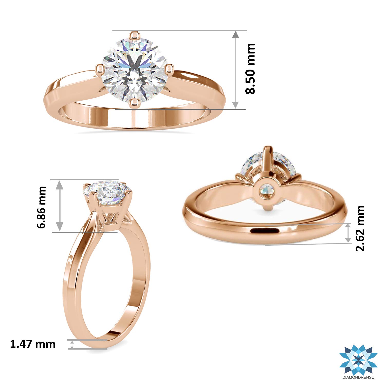 Diamondrensu1.13 CT Round Colorless Moissanite Diamond Compass Prong Setting Engagement Ring, Knife Edge Wedding Ring, Solitaire Ring for Women, 10K White Gold, Ring Size 7 US