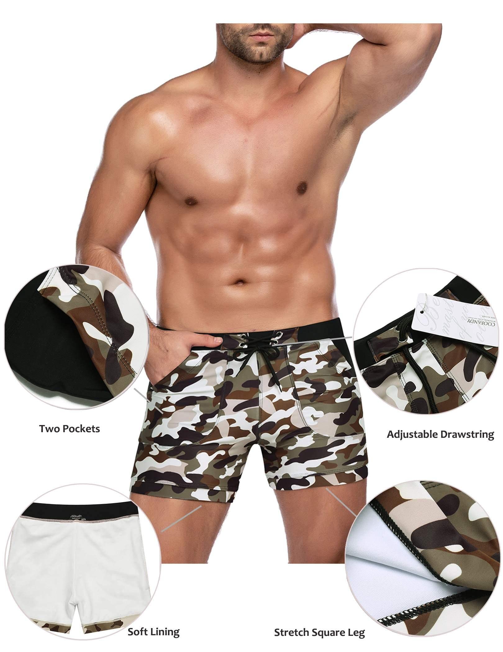 COOFANDY Mens Camo Quick Dry Swimwear Shorts with Pockets, Large, Brief - Army Green