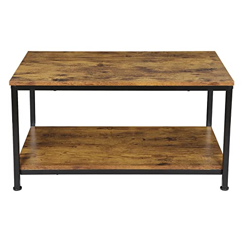 SUPER DEAL 2-Tier Industrial Coffee Table with Storage Shelf for Small Apartment Living Room, Rectangle Wood and Stable Metal TV Stand Side End Table, Retro Brown