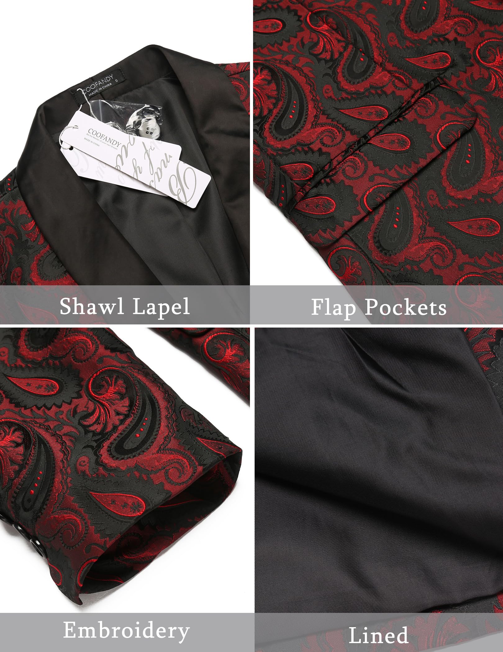 COOFANDY Mens Floral Tuxedo Jacket Paisley Shawl Lapel Suit Blazer Jacket for Dinner,Prom,Wedding Wine Red