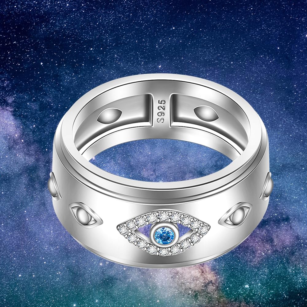 Fidget Ring Spinner Evil Eye Ring Sterling Silver Blue Evil Eyes Anxiety Worry Relieving Boredom Band Rings Nazar Amulet Third Eye Jewelry Size 8