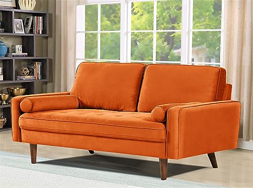 Container Furniture Direct Velvet 58" Loveseat Sofa Couch for Living Room, Classic Mid-Century Style with Modern Silhouette, Button Tufting and Wood Legs, Includes 2 Bolster Pillows, Orange