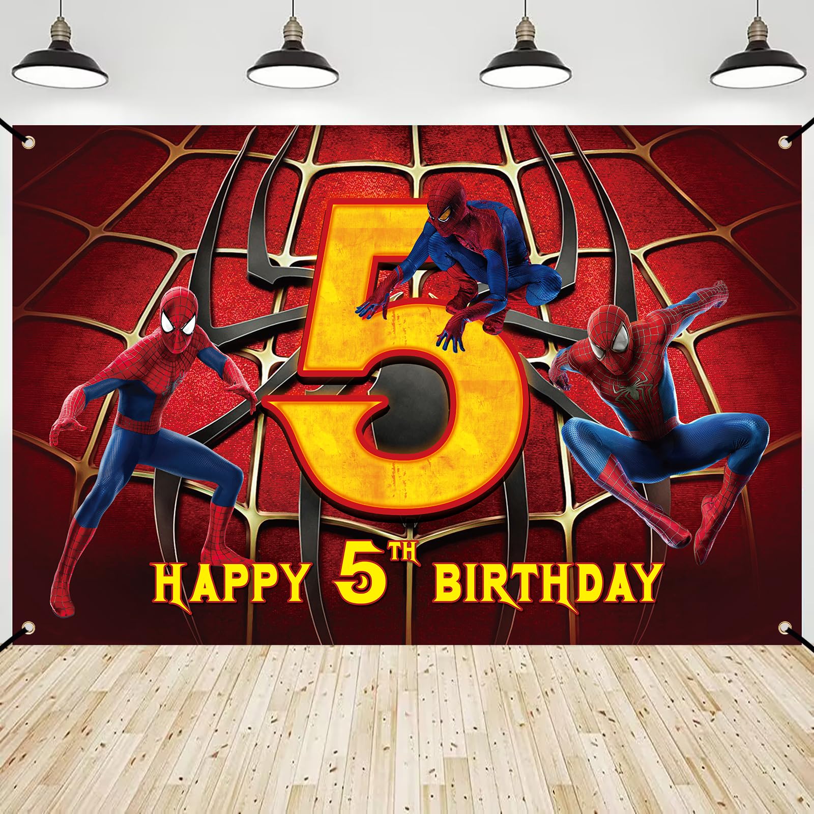 Dikovo Spider 5th Birthday Backdrop Decorations, Spider Theme Birthday Banner for Kids 5th Birthday Party Decoration Supplies