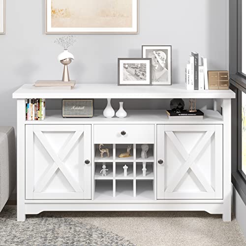 Modern Coffee Bar Cabinet, 47β Storage Cabinet Sideboard Buffet Barn Door Drawer Open Shelf for Kitchen, Dining/ Living Room 47" x 16" x 32"(White)