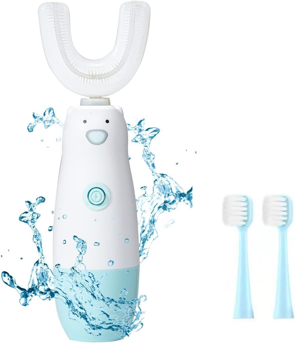 Meqtpomy Kids Electric Toothbrush，6 Cleaning Models Toddler Toothbrush Waterproof Battery Powered 360 Automatic Sonic u Shaped Toothbrushes for 2-7 Years Old for Boys Girls（Blue）