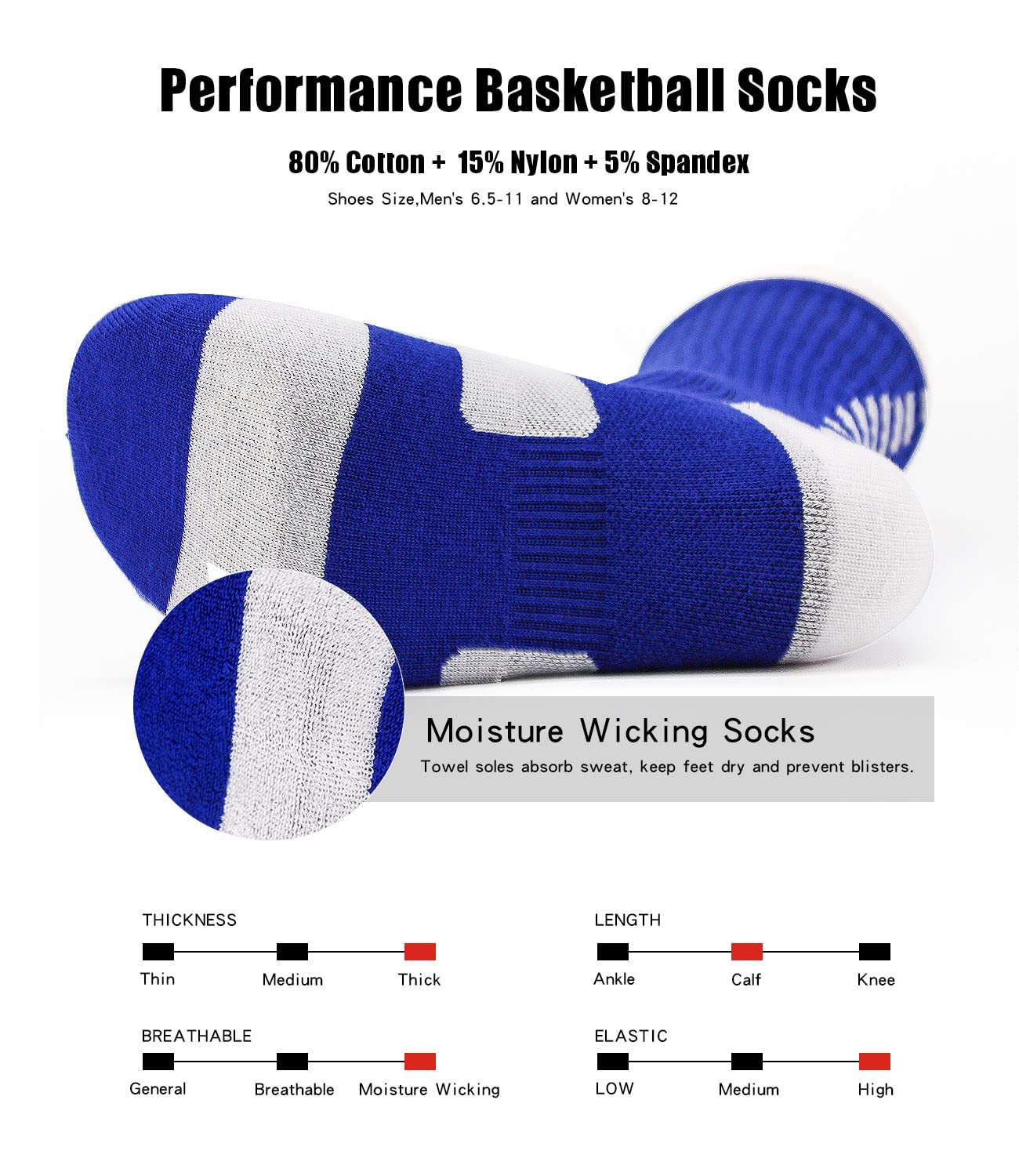 DILIBA Running Basketball Socks Cushion Athletic Crew Volleyball Socks for Men's Women's 13-15 Red