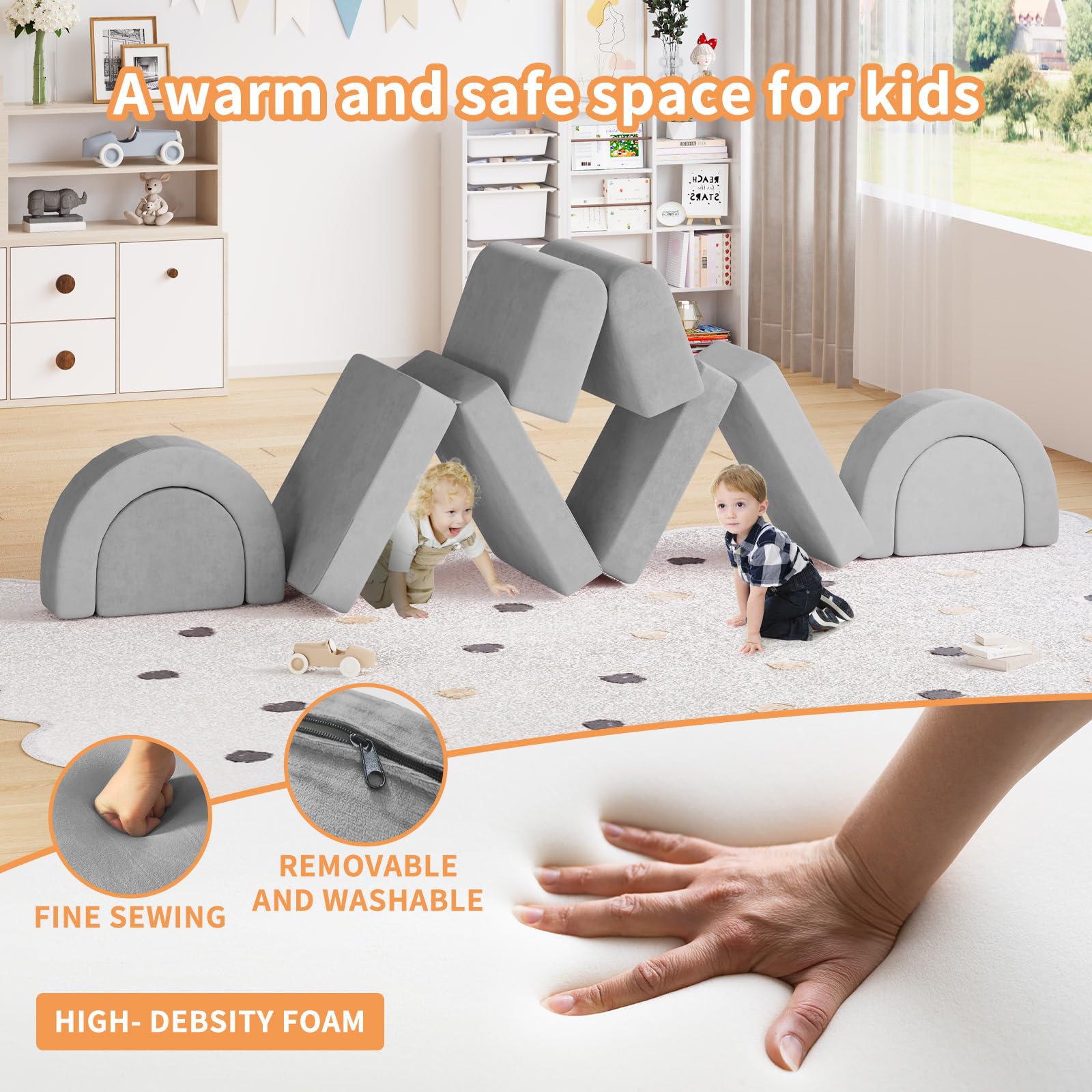 MOOITZ Modular Kids Play Couch, 10pcs Kids Play Couch for Playroom Bedroom, Convertible Modular Toddler Couch, Creative Kids Foam Sofa for Boys and Girls-Grey