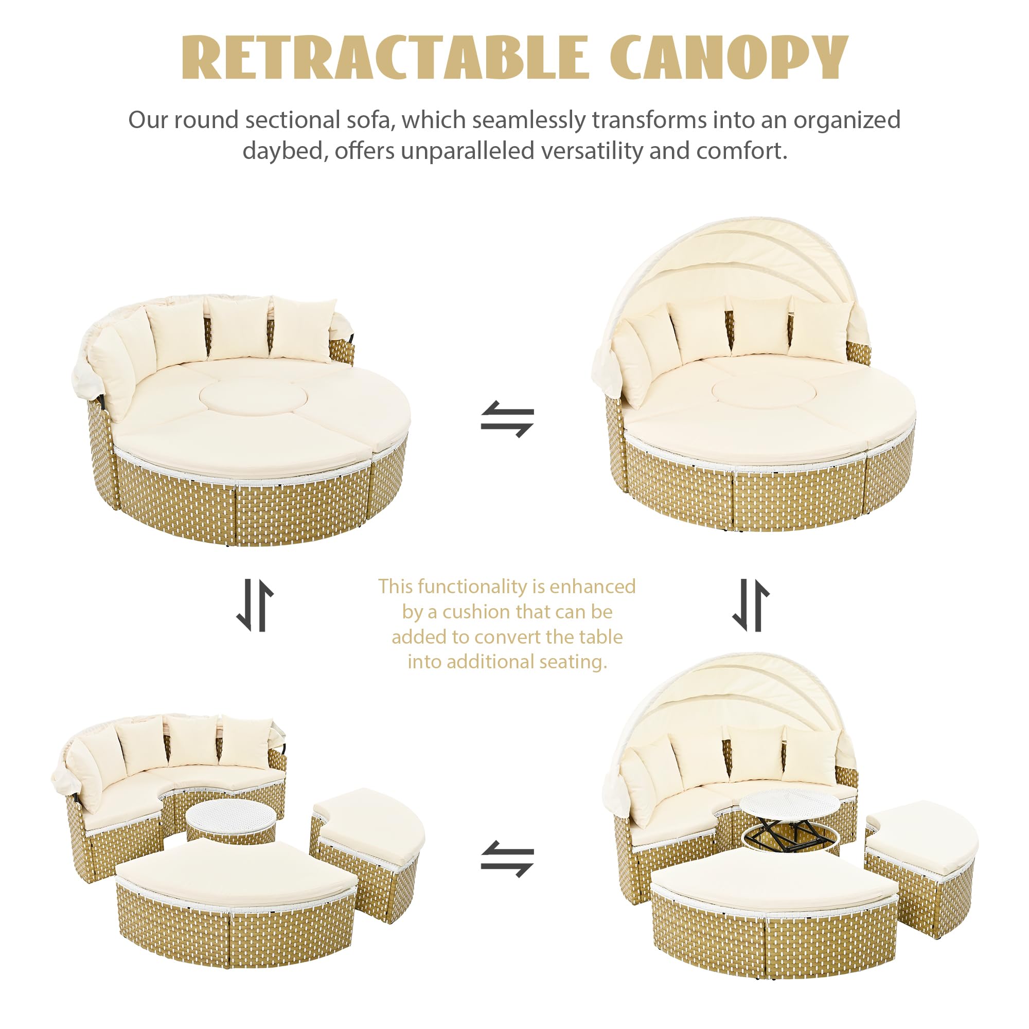 Merax All-Weather Patio Round Outdoor Sectional Sofa Set with Retractable Canopy,Rattan Daybed Two-Tone Weave Sunbed with Separate Seating and Removable Cushion,Gray
