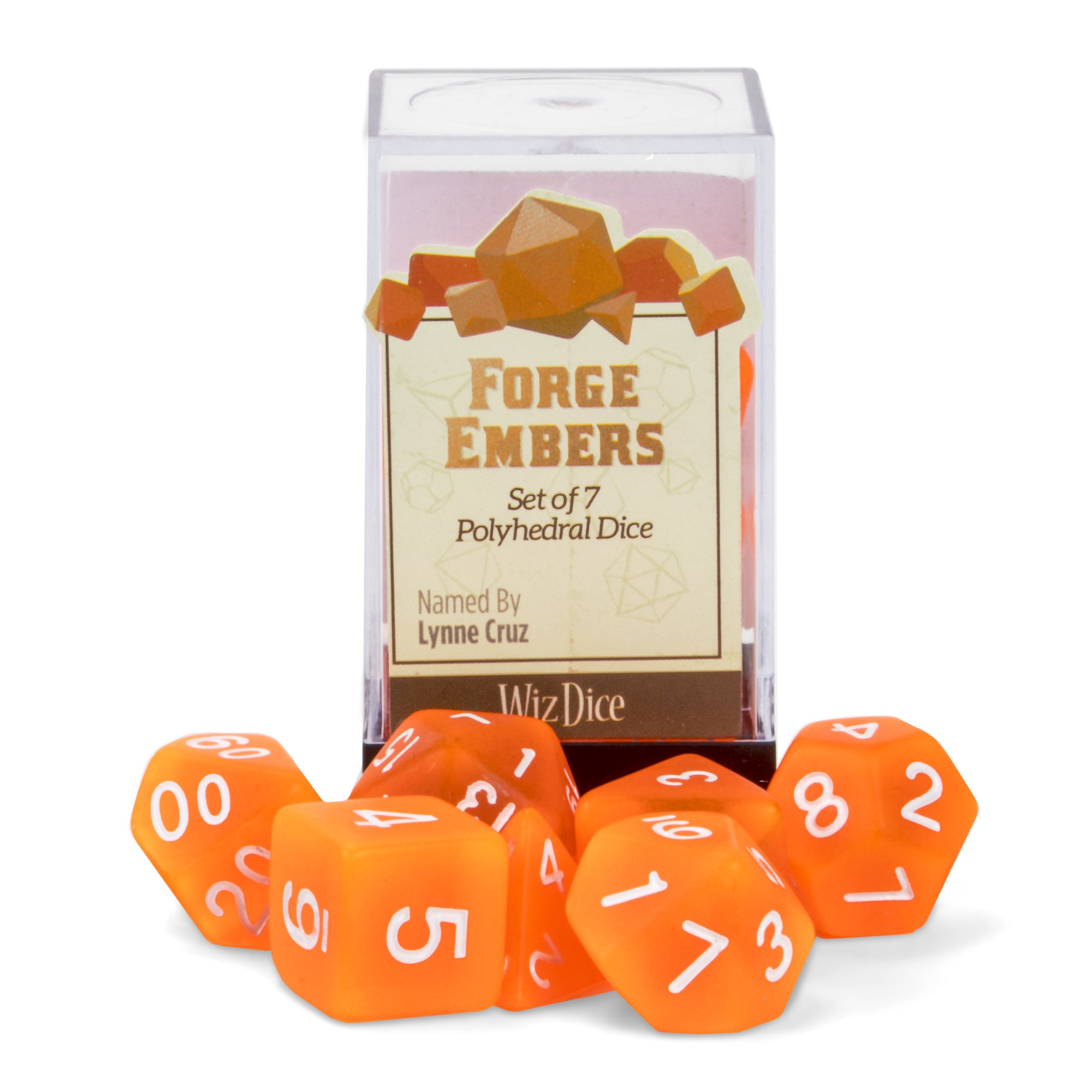 Wiz Dice Forge Embers Set of 7 Polyhedral Dice, Semi-Translucent Matte Finish Hunter Orange Tabletop RPG Dice with Clear Display Box