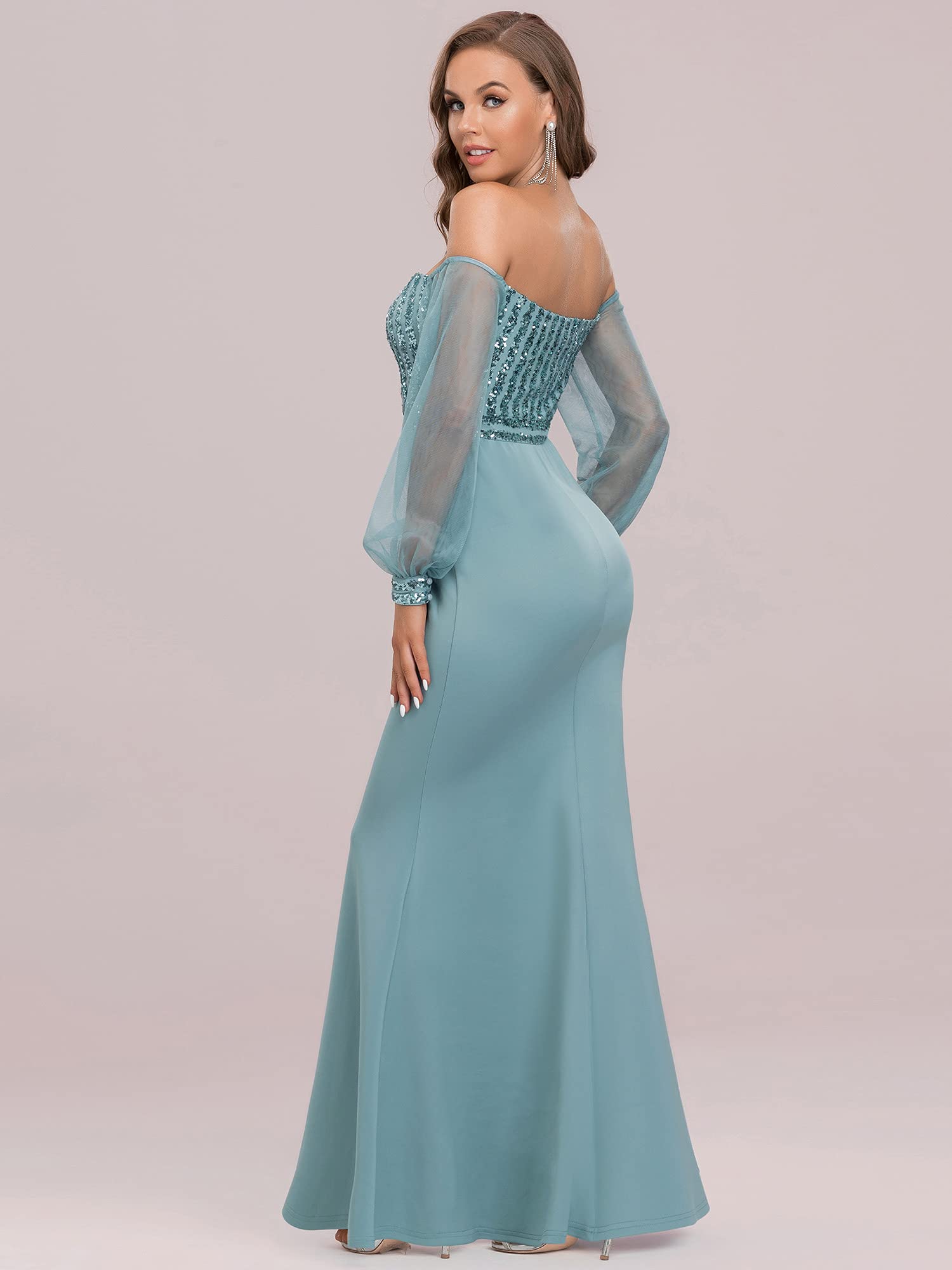 Ever-Pretty Women's See-Through Sequin Dress Mermaid Evening Dress with Sleeve Blue US20