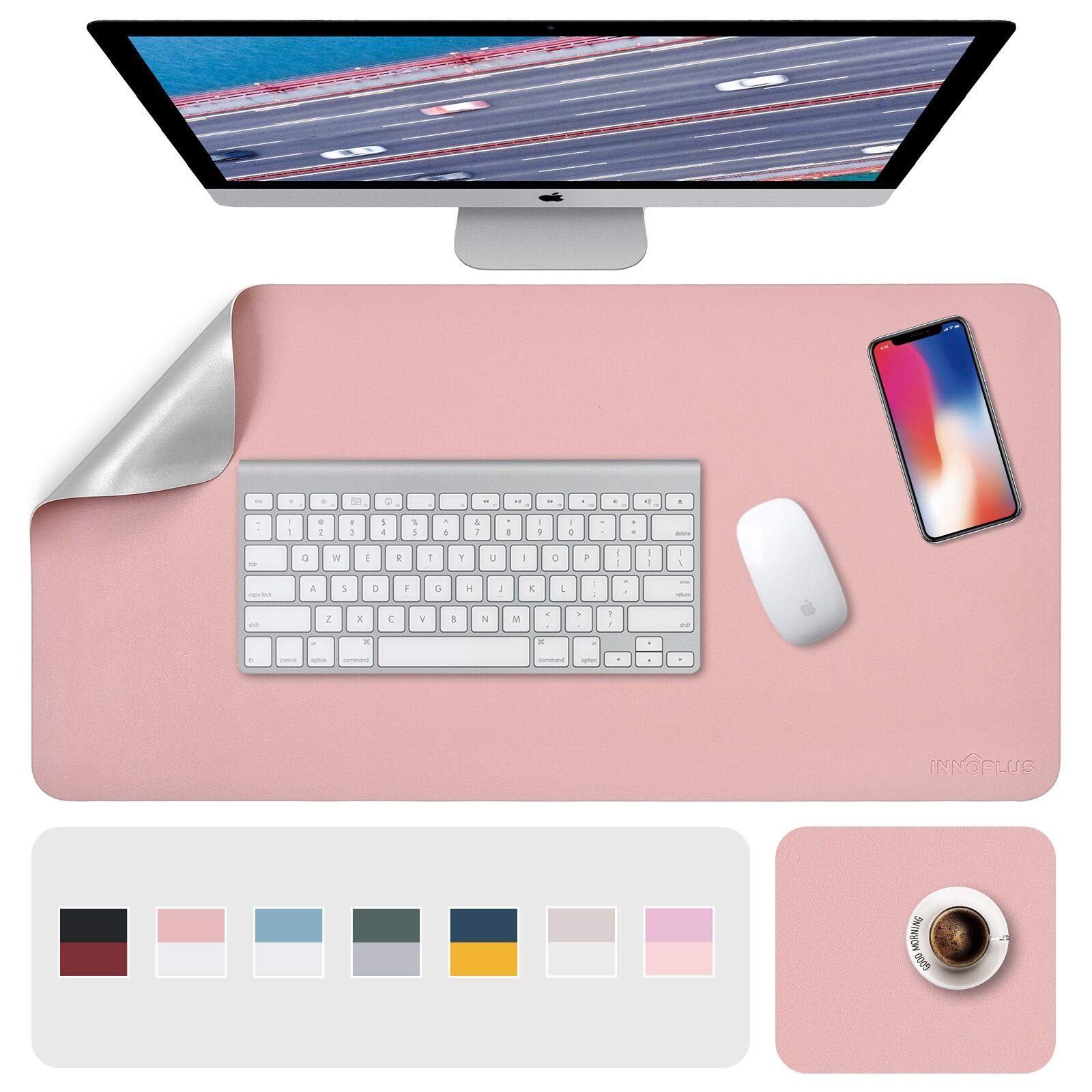Desk Pad, Desk Mat, Mouse Mat, XL Desk Pads Dual-Sided Pink/Sliver, 31.5" x 15.7" + 8"x11" PU Leather Mouse Pad 2 Pack Waterproof, Mouse Pad for Laptop, Home Office Table Protector Blotter Gifts