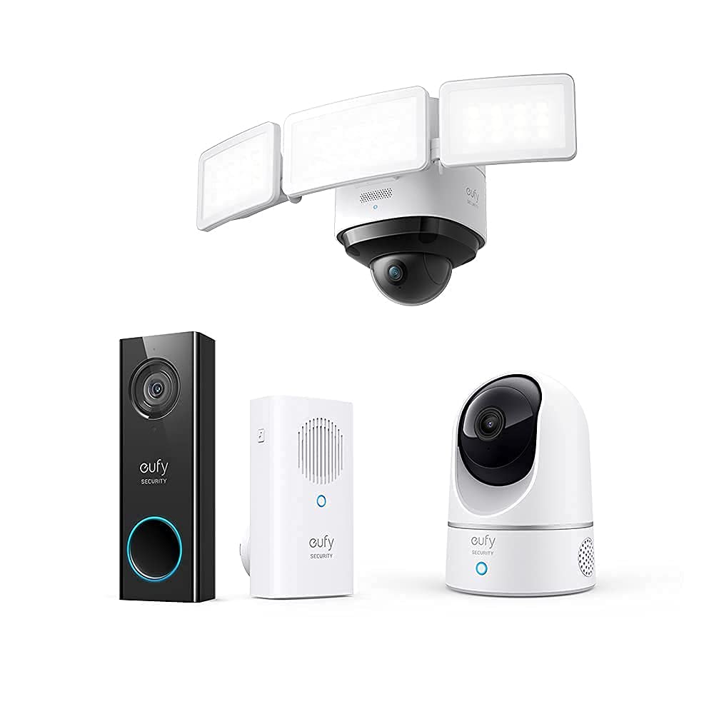 eufy Security Floodlight Cam 2 Pro, 360-Degree Pan and Tilt Coverage & 2K Resolution Wired Video doorbell Camera & 2K Pan and Tilt Security Indoor Camera