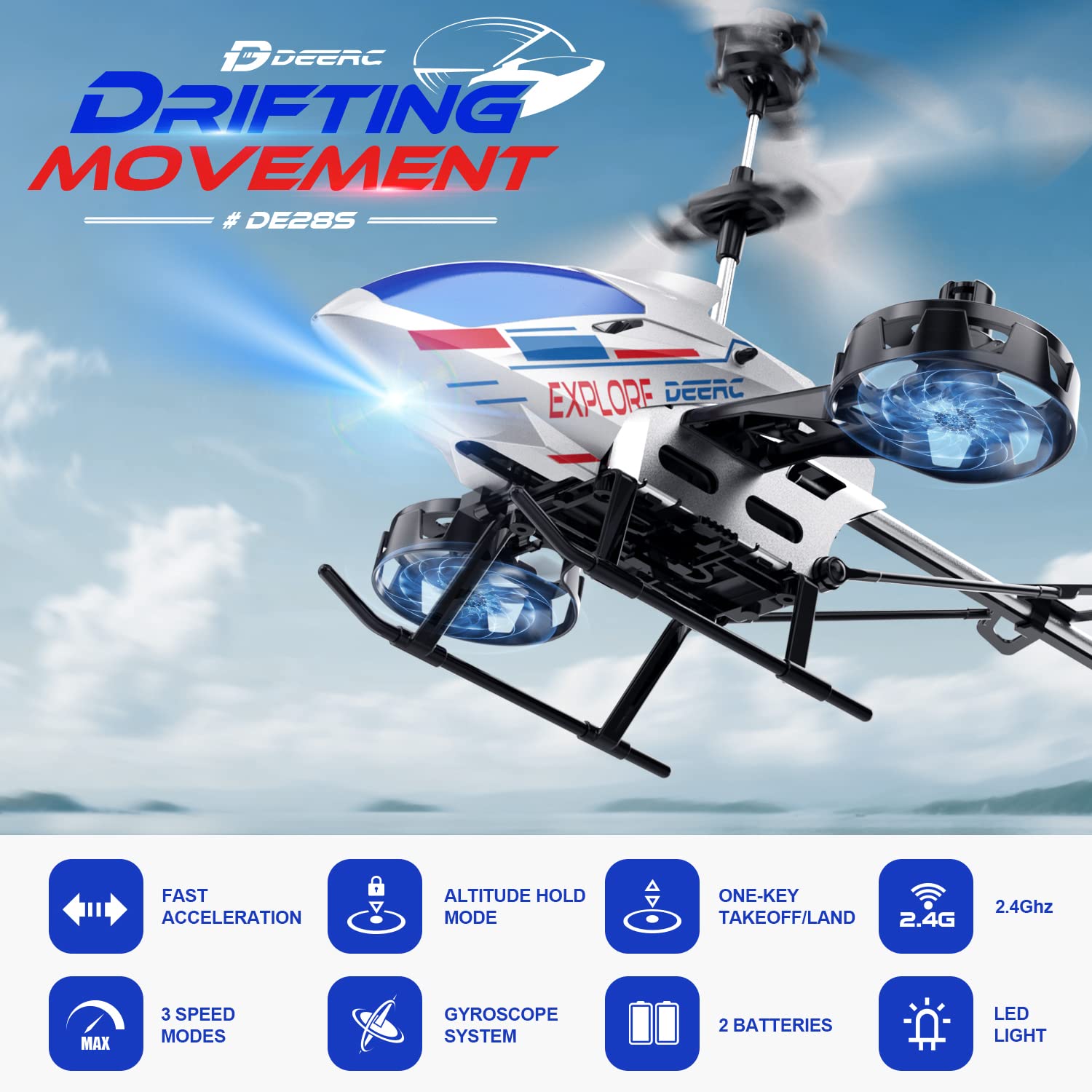 DEERC Remote Control Helicopter, 4.5CH Lateral Drift RC Helicopters W/Light, 22 Min Play, Altitude Hold, Gyroscope, 2.4GHz Toy for Beginner Boys Girls