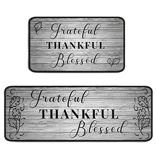 Grateful Thankful Blessed Kitchen Rugs Set of 2 Grey Non-Slip Kitchen Rug and Mat Cushioned Comfort Kitchen Standing Rug for Kitchen Floor Farmhouse Thanksgiving Decor 17"x47"+17"x30"