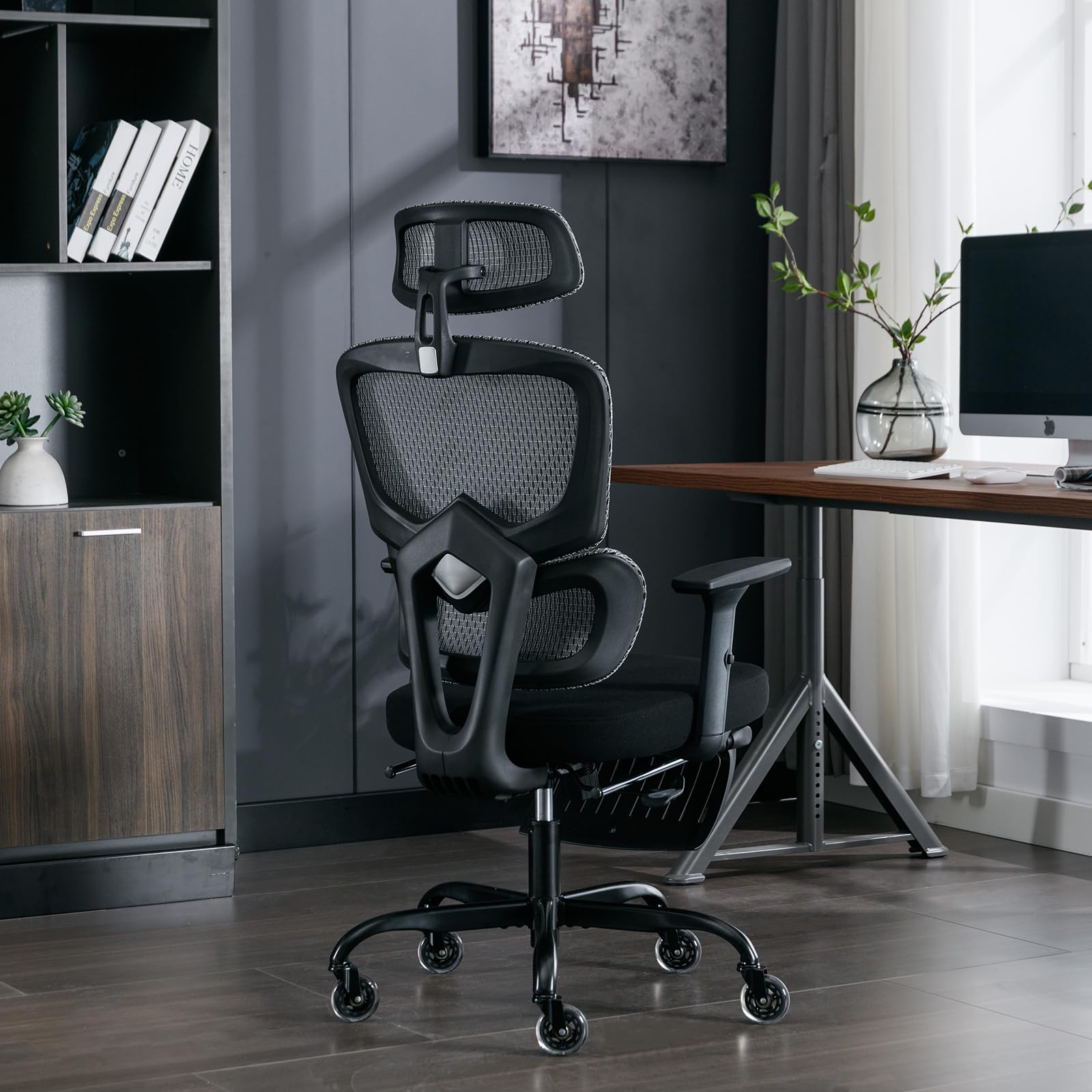 DOXACEF Ergonomic Office Chair with Footrest Lumbar Support High Back Desk Chair with Adjustable 3D Metal Armrest Breathable Mesh Computer Chair for Adults (Black&Grey)