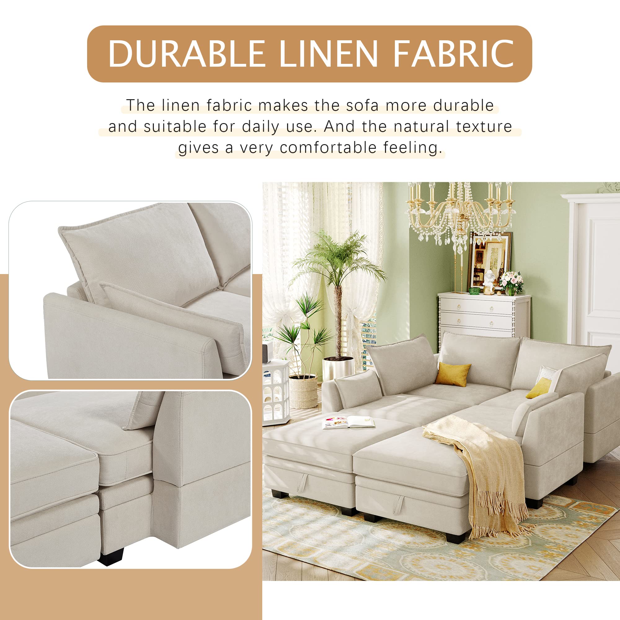 Merax Modern Large U-Shape Sectional Sofa, Upholstered Sofa Set with Removable Ottoman and Storage Seat, Convertible Sofa Bed with Reversible Chaise for Living Room Apartment, Office