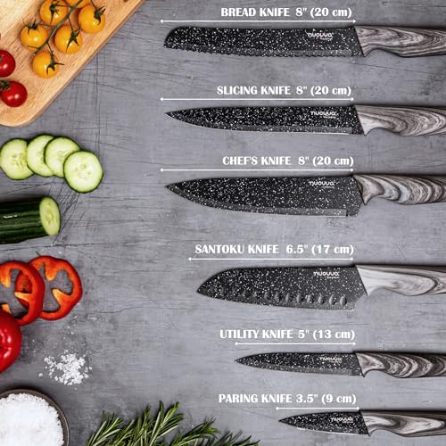 nuovva Professional Kitchen Knife Set with Block - Granite 18 Pcs with Knives Sharpener Peeler and Scissors - Clear Acrylic Block High Carbon Stainless Steel Blades Wood Affect Handle