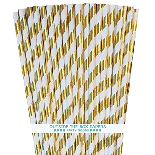 Gold Foil Paper Straws - Striped - Valentine - Wedding Party Supply - 7.75 Inches - 100 Pack - Outside the Box Papers Brand