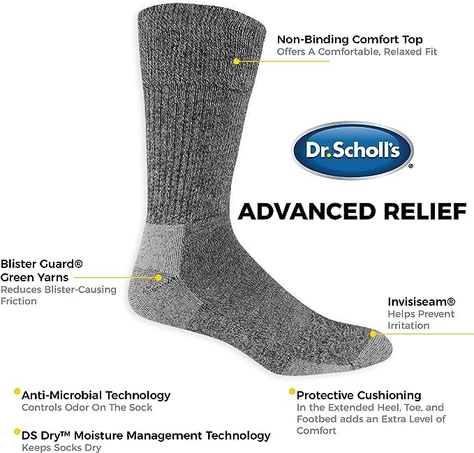 Dr. Scholl's Men's Advanced Relief Blisterguard - 2 & 3 Pair Packs Sock, Black Multi-stripes, 6.5-12 US