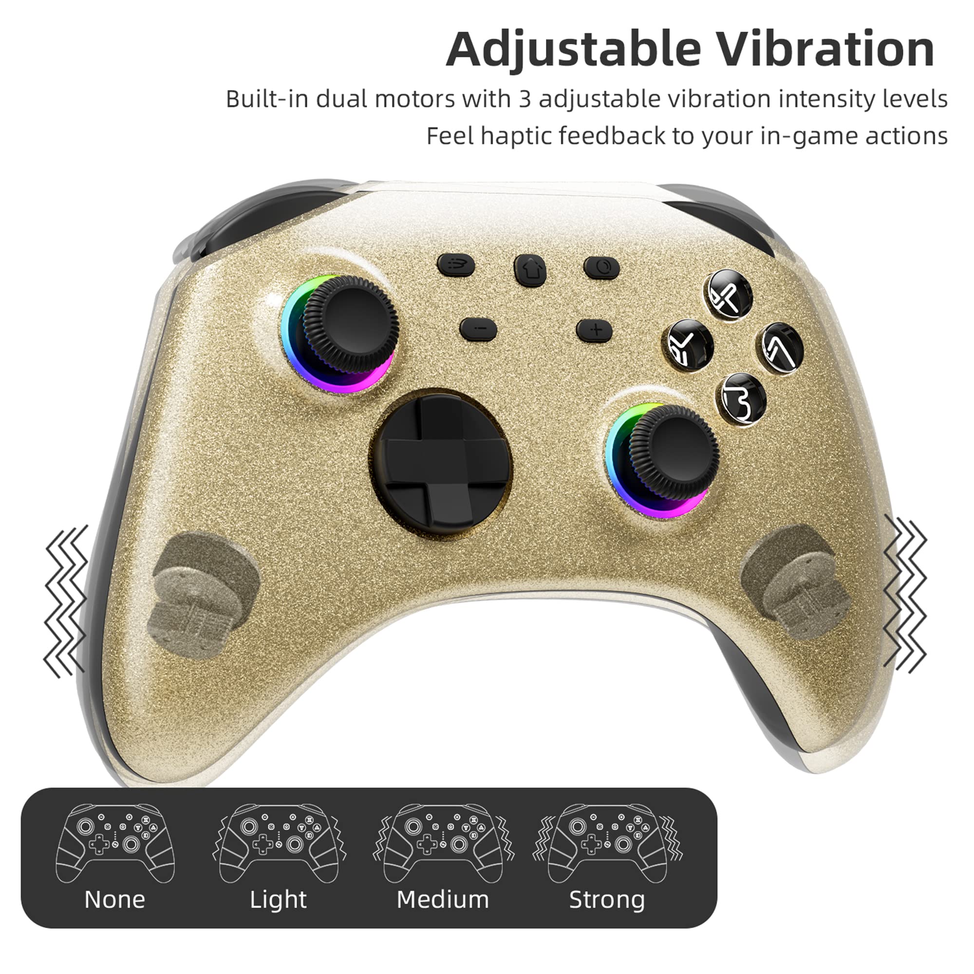 Gold Wireless Switch Controller for Switch/OLED/Lite Steam Deck, Pro Controller with Turbo, Motion, Vibration, Wake-Up, Headphone Jack and Dynamic Joystick RGB Lighting, Gaming Genshin Impact