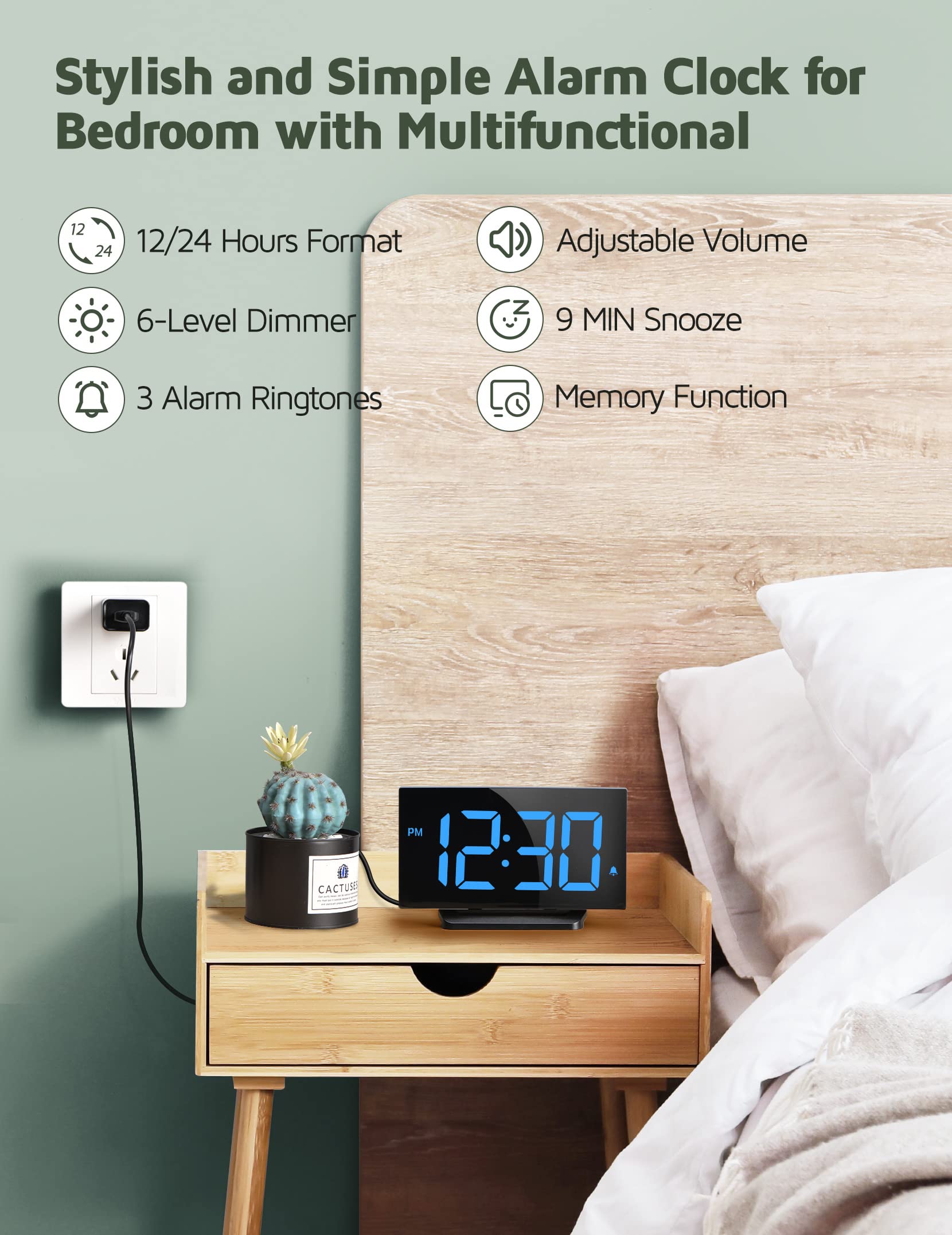 Digital Clocks for Bedrooms, 6-Level Brightness and Large Display, Adjustable Alarm Volume and 3 Ringtones Alarm Clock, 9 MINS Snooze & 12/24H Format, Easy to Use Bedside Clock for Seniors Elders Kids