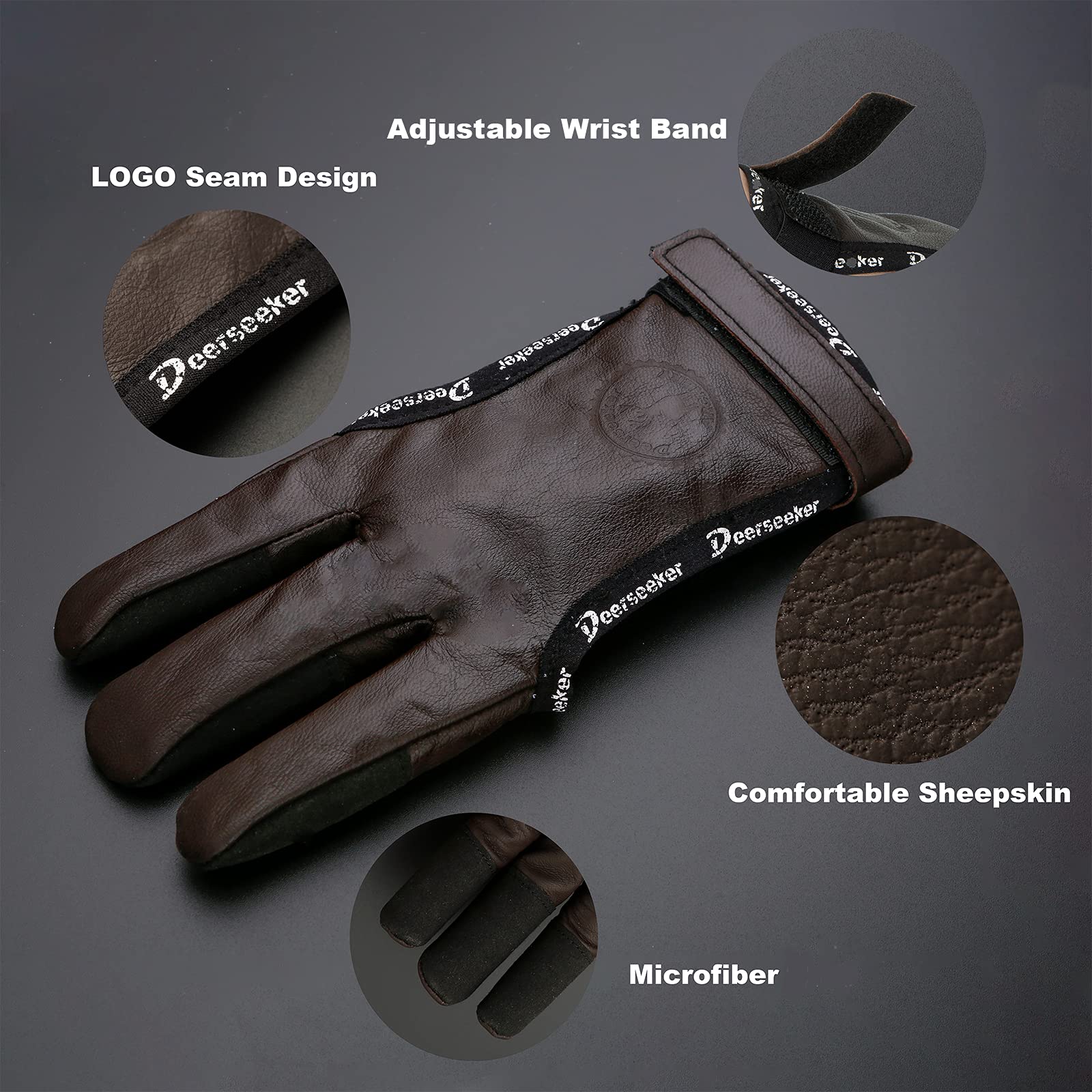 Deerseeker Archery Glove Handmade Leather Three Fingers Protective Archery Accessories Finger Tab for Takedown Recurve Bow Traditional Bows with LH/RH for Youth & Adult Beginners (Medium)